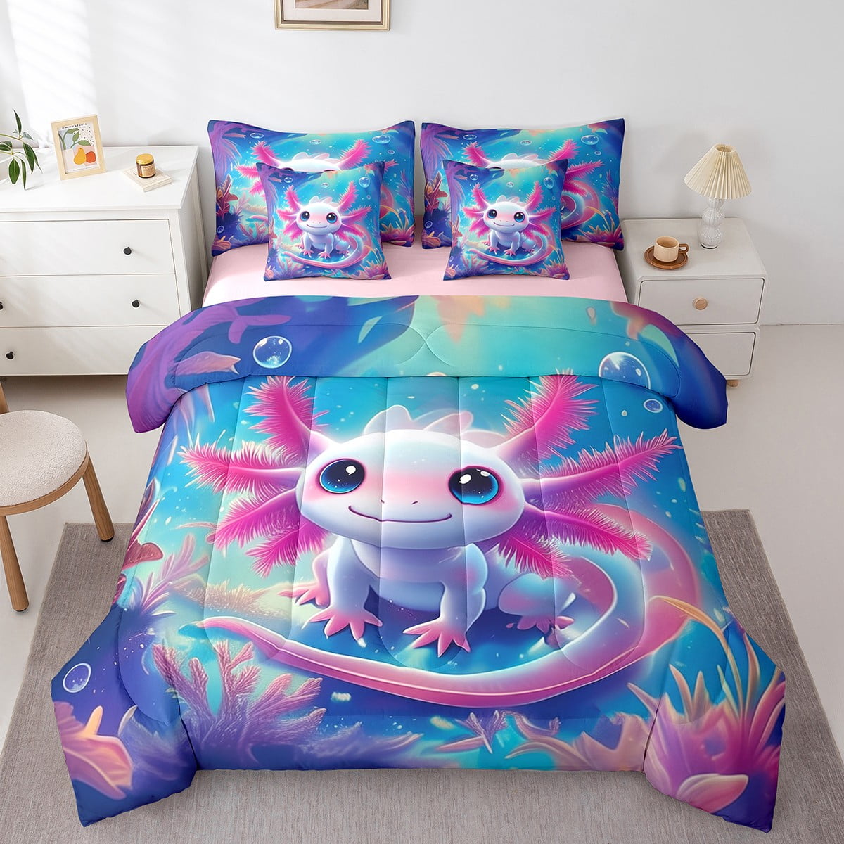 Erosebridal Cute Axolotl Bed In A Bag Cartoon Ocean Axolotl 7-Piece ...