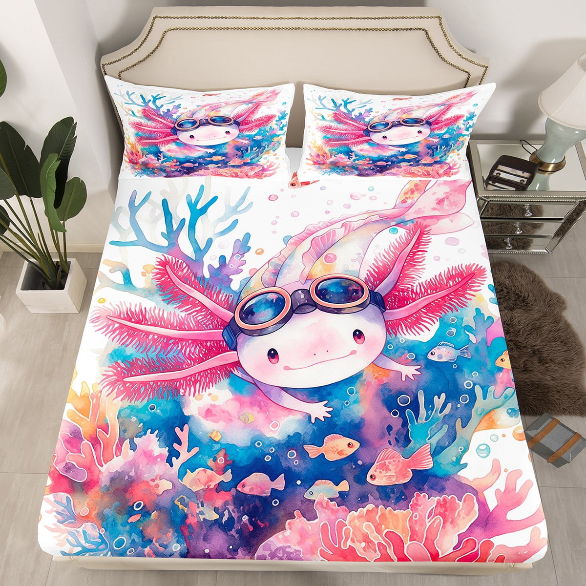 Erosebridal Cute Axolotl Bed Sheets Queen Kawaii Axolotl Wildlife ...