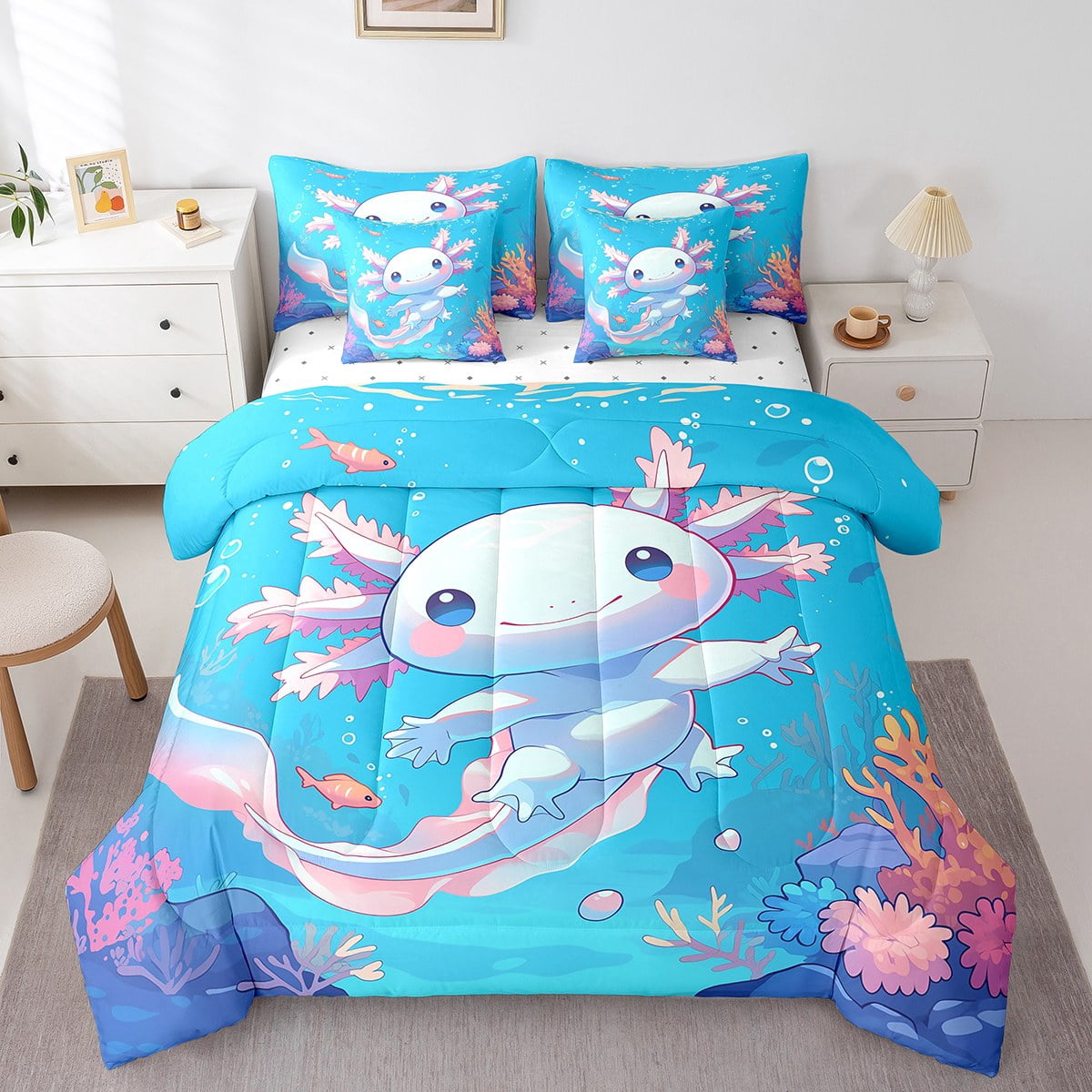 Erosebridal Cute Axolotl Bed in a Bag Full size, Blue Ocean Bed Set ...