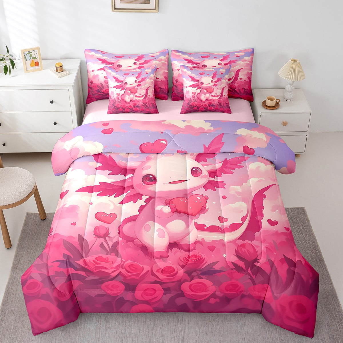 Erosebridal Cute Axolotl Bedding Full Size, Kawaii Heart Rose Comforter ...