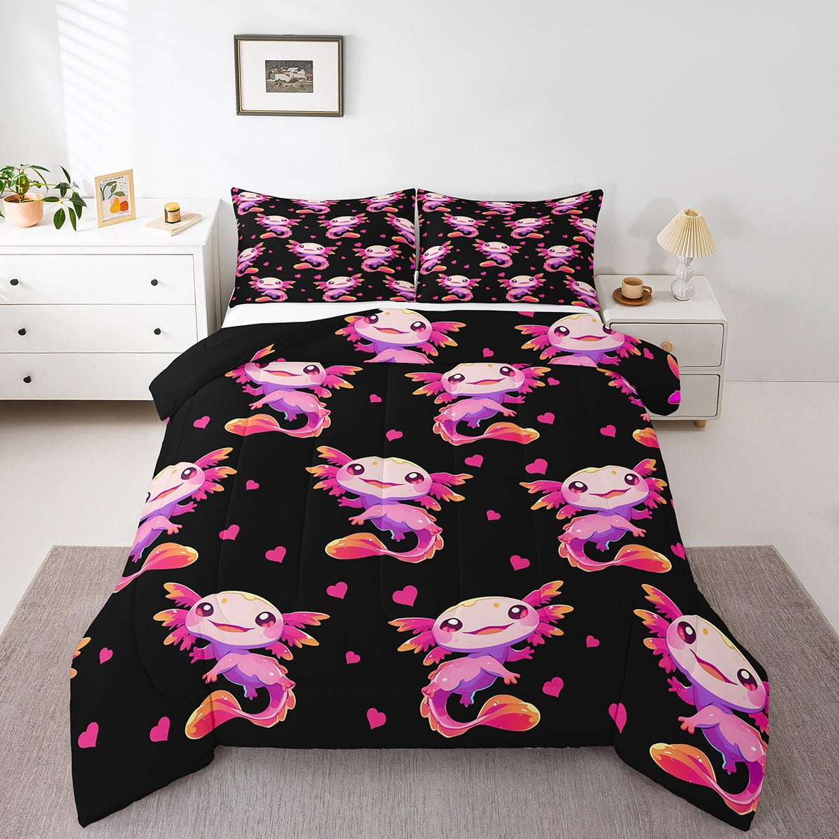 Erosebridal Cute Axolotl Bedding King Comforter Set,Black Pink Down ...