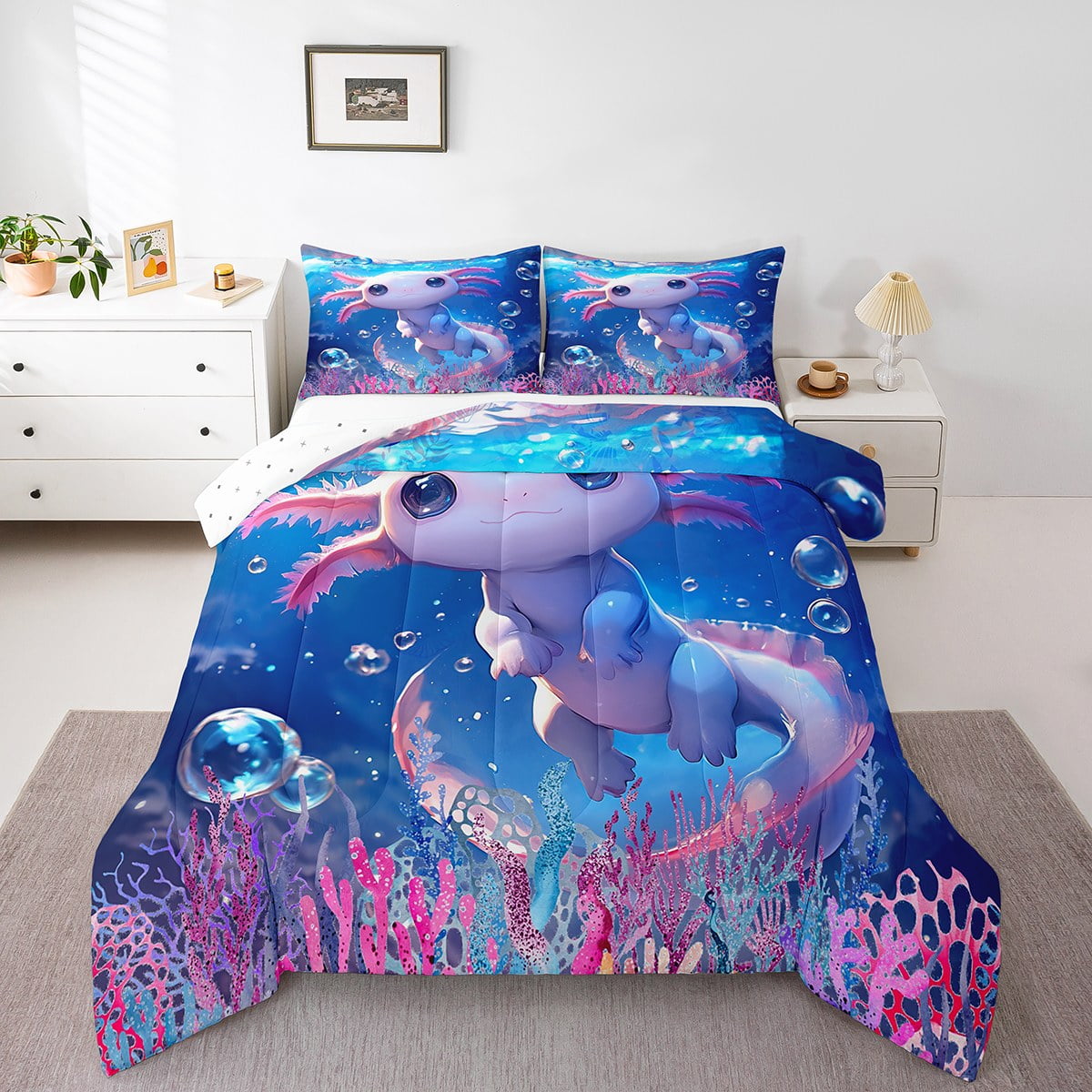 Erosebridal Cute Axolotl Comforter Set Full Size Cartoon Salamander ...