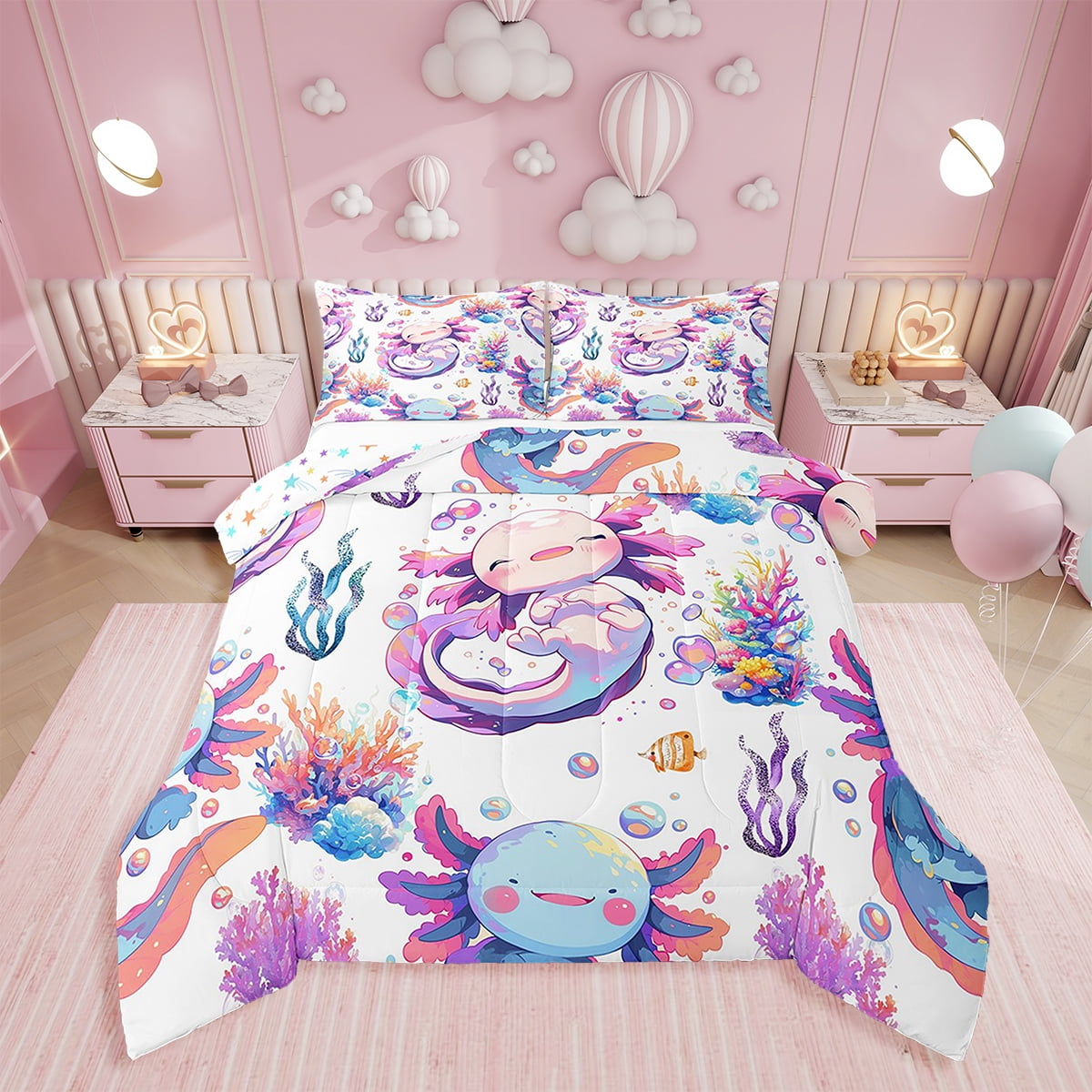 Erosebridal Cute Axolotl Comforter Set Full Size Cartoon Salamander ...
