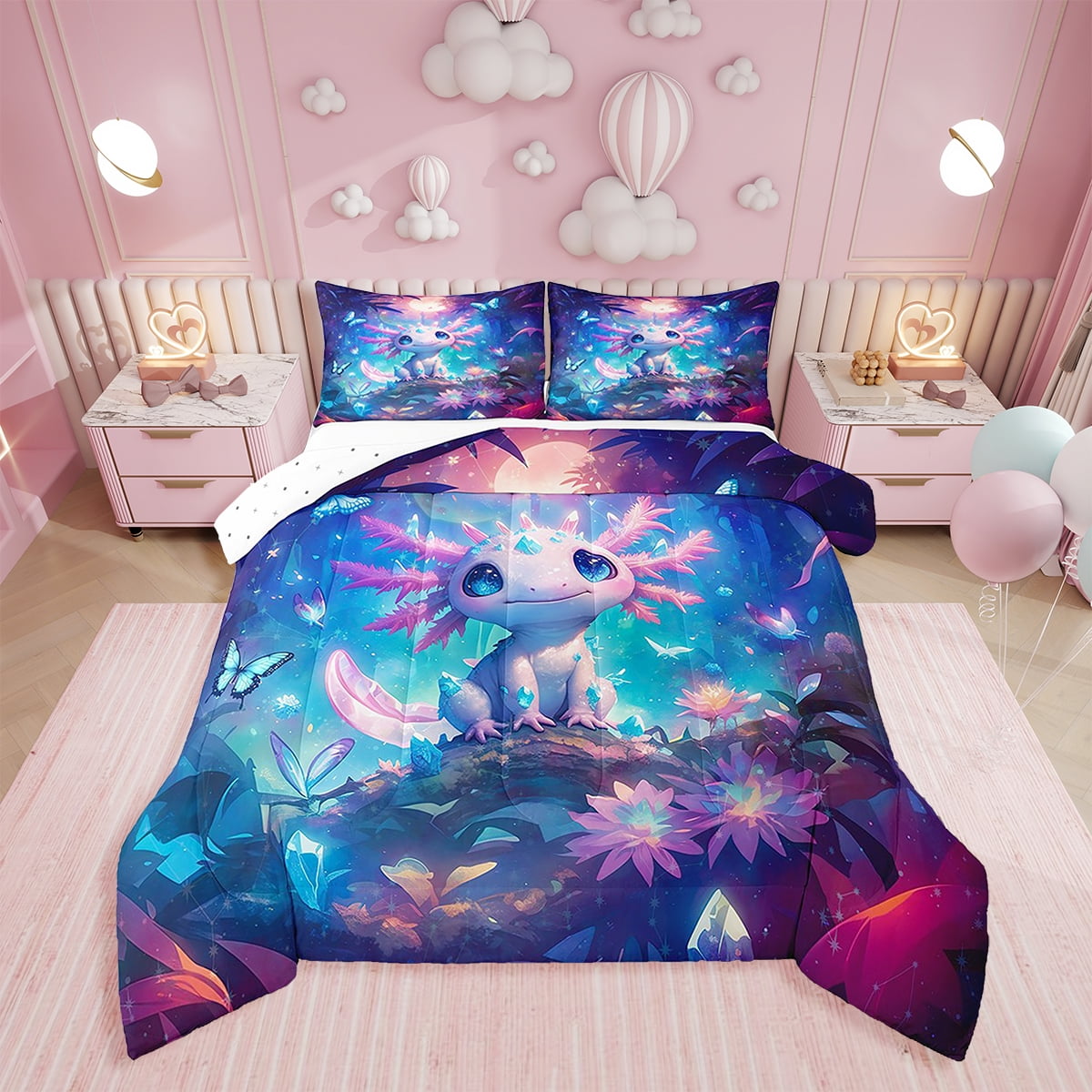 Erosebridal Cute Axolotl Comforter Set King Size Butterfly Bedding Set ...