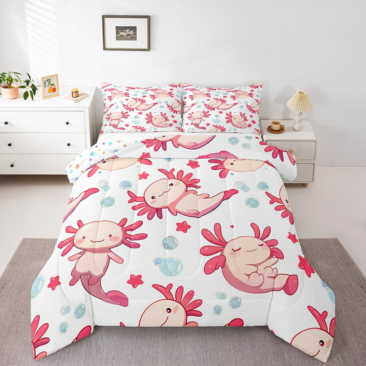 Erosebridal Cute Axolotl Comforter Set King Size Cartoon Salamander ...