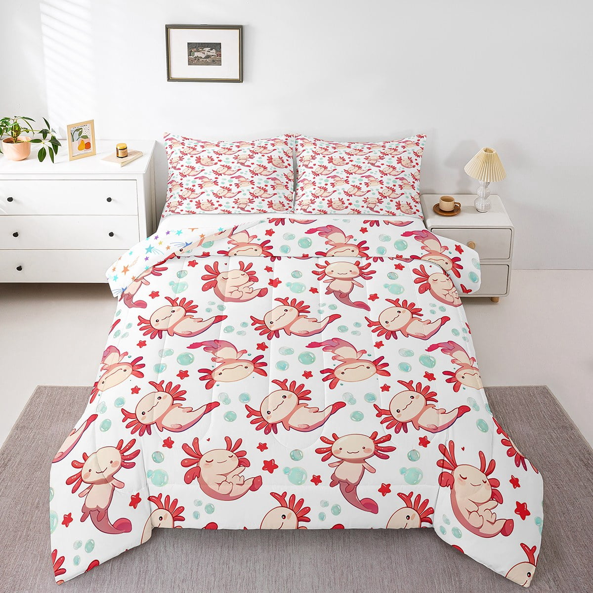 Erosebridal Cute Axolotl Comforter Set Queen Size Cartoon Salamander ...