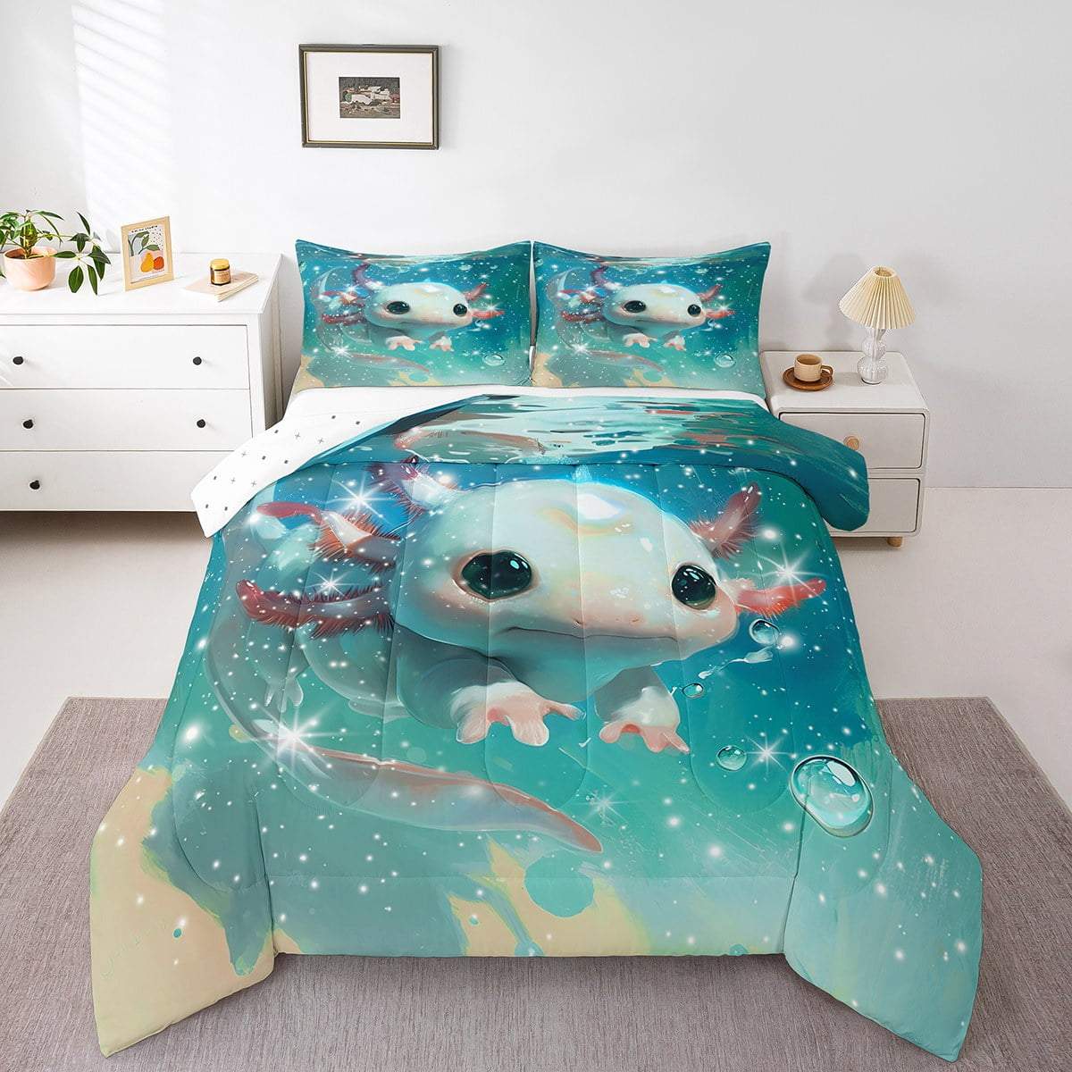 Erosebridal Cute Axolotl Comforter Set Queen Size Kawaii Ocean Sealife ...