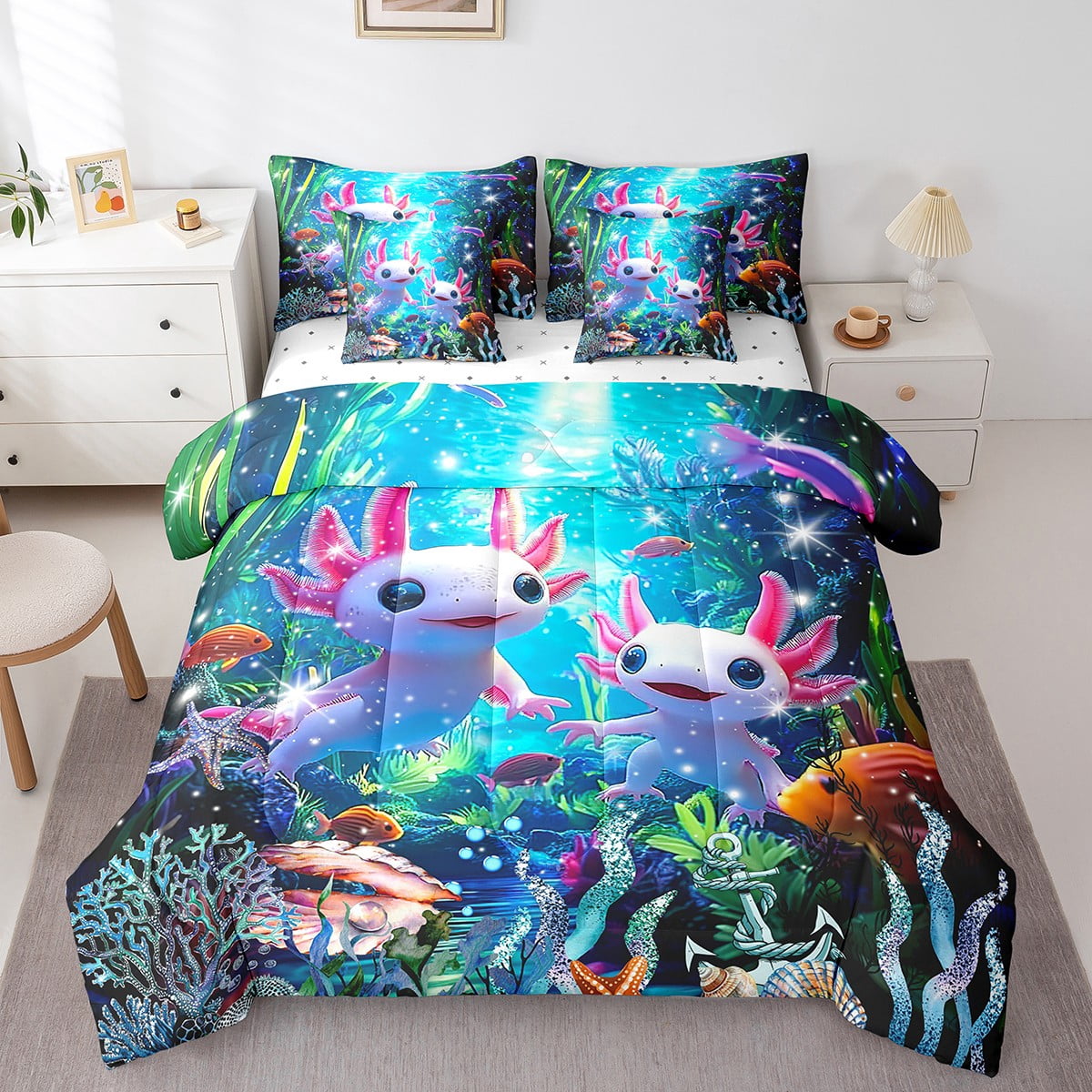 Erosebridal Cute Axolotl Comforter Set Twin 7 Pcs Kawaii Ocean Sealife ...