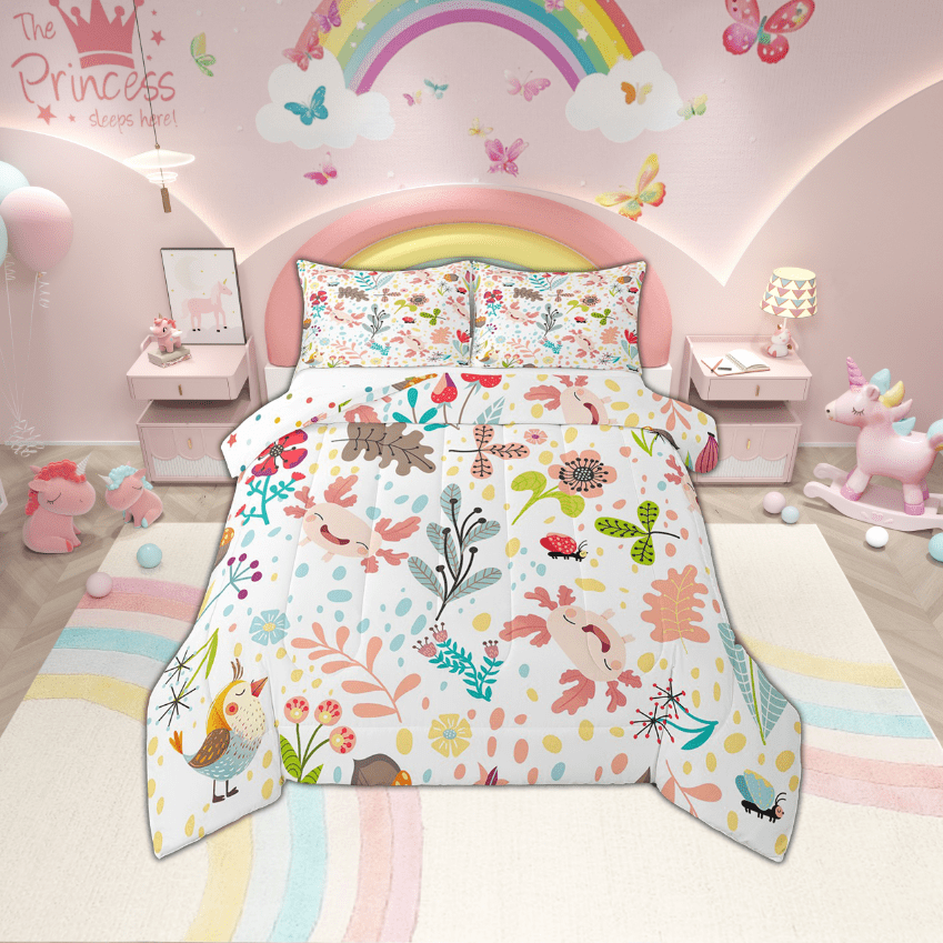 Erosebridal Cute Axolotl Comforter Set Twin Kawaii Axolotl Bedding Set Room Decor Cartoon Floral ...