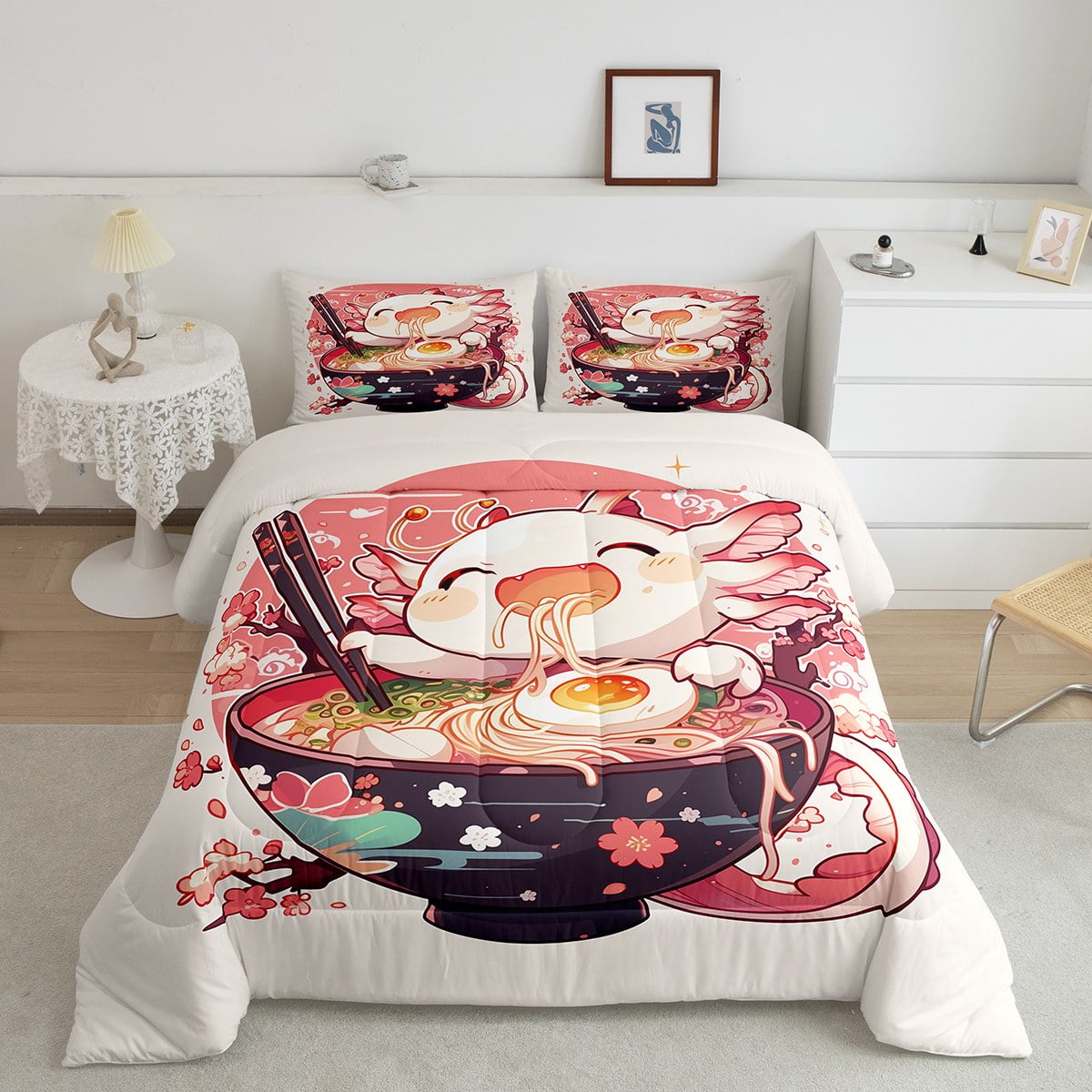 Erosebridal Cute Axolotl Comforter Set Twin,Ramen Noodle Bedding Set ...