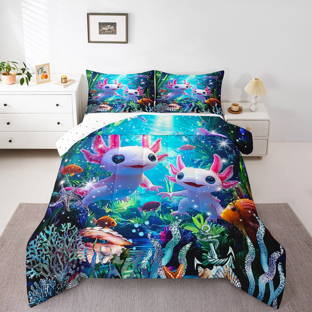 Erosebridal Cute Axolotl Comforter Set Twin Size Kawaii Ocean Sealife ...