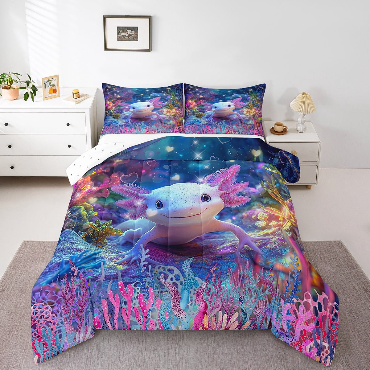 Erosebridal Cute Axolotl Comforter Set Twin Size Salamander Bedding Set ...