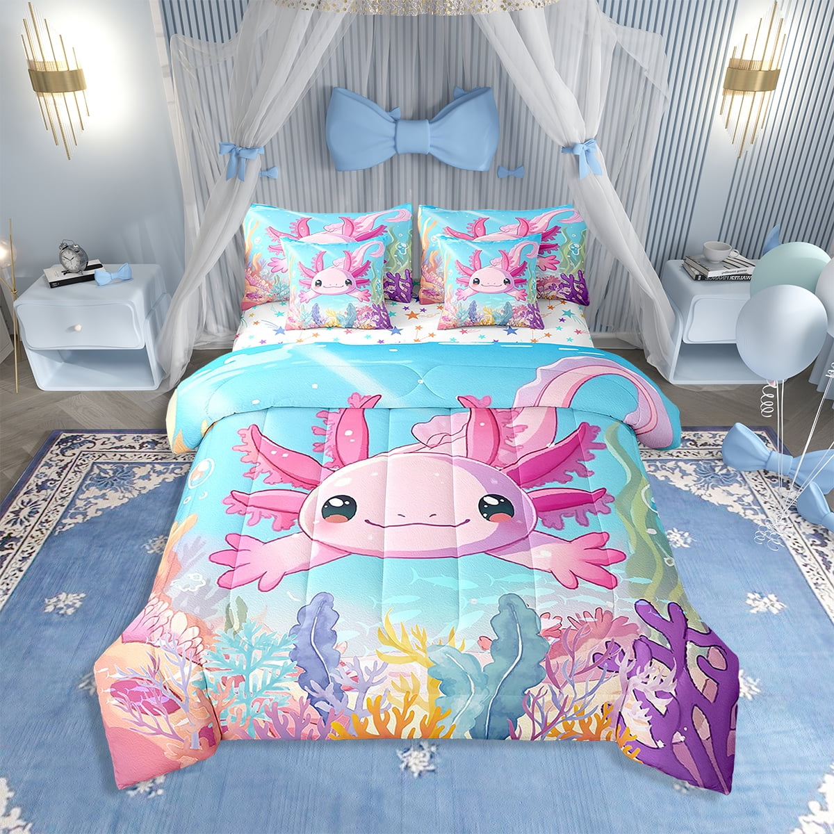 Erosebridal Cute Axolotl Comforter Set with Sheets Pink Axolotl Bed in ...