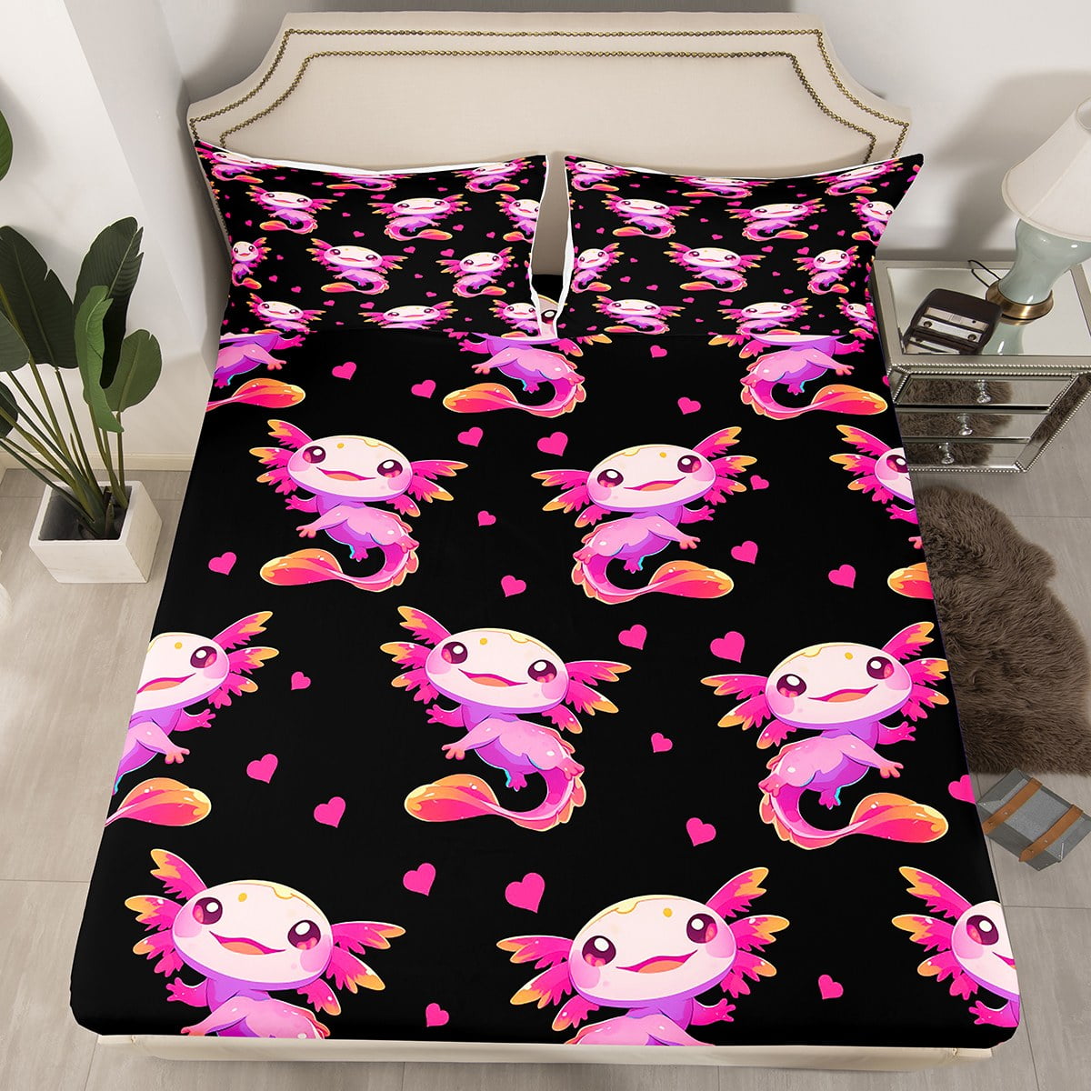 Erosebridal Cute Axolotl Fitted Sheet Set Queen,Black Pink Fitted Sheet ...