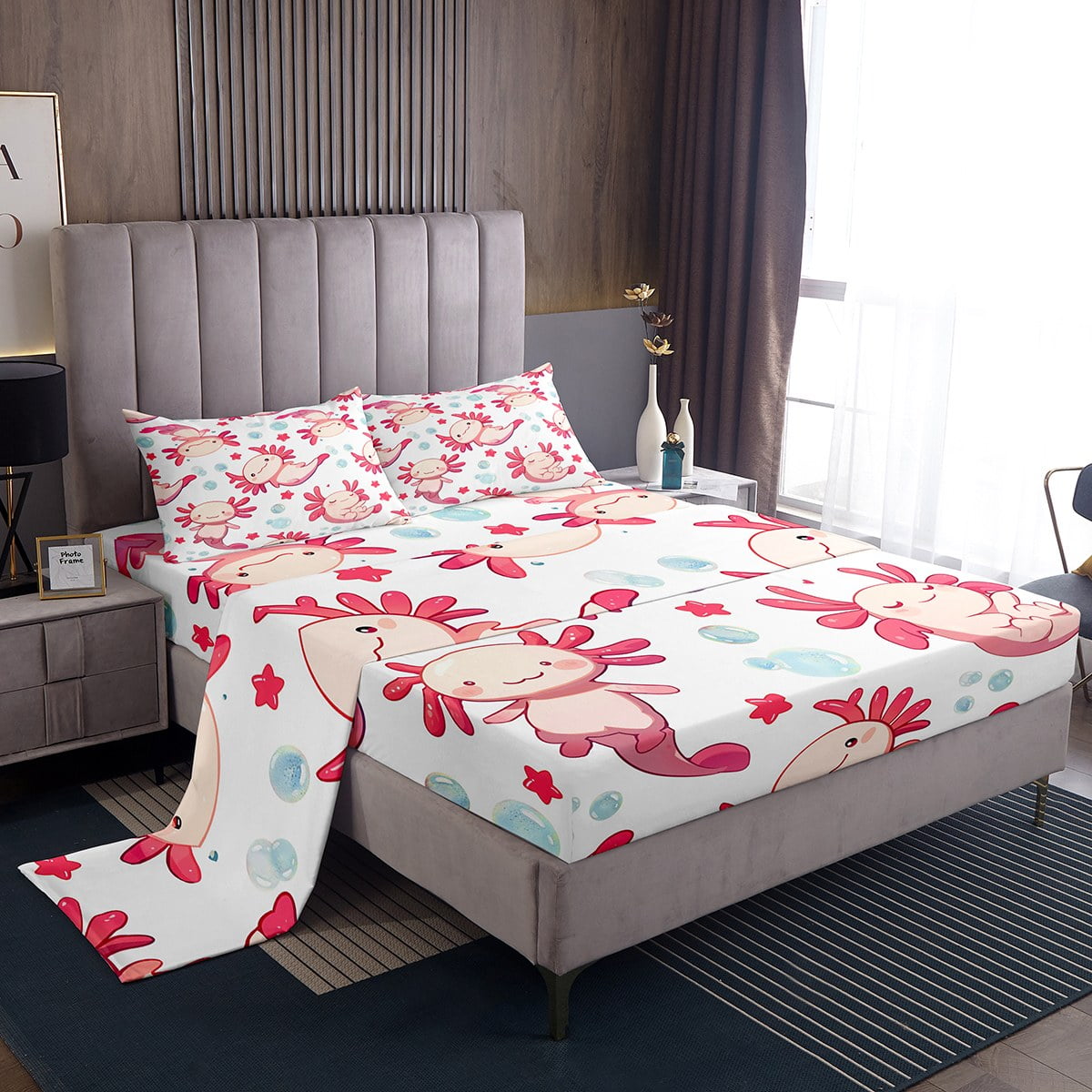 Erosebridal Cute Axolotl Sheet Set Twin Size Cartoon Salamander Bed ...