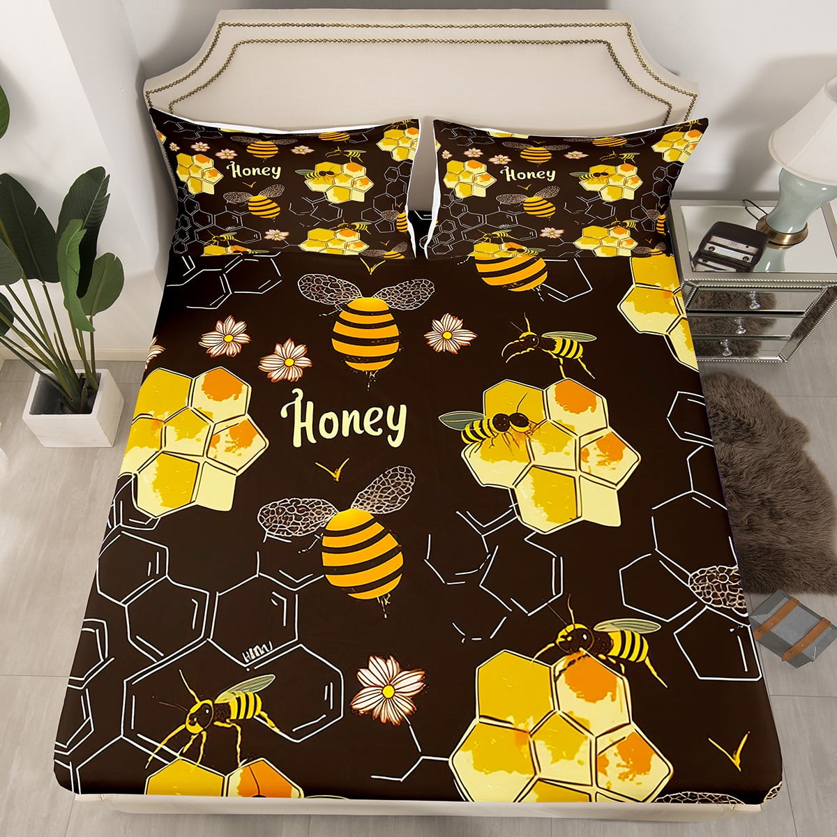 Erosebridal Cute Bee Fitted Sheet Full, Gold Honeycomb Bedding Set Full ...