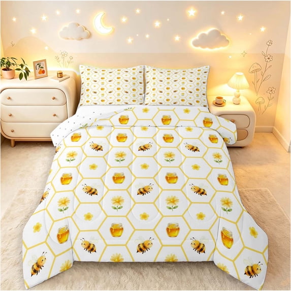 Erosebridal Cute Bee Queen Comforter Set,Cartoon Florals Comforter Sets ...