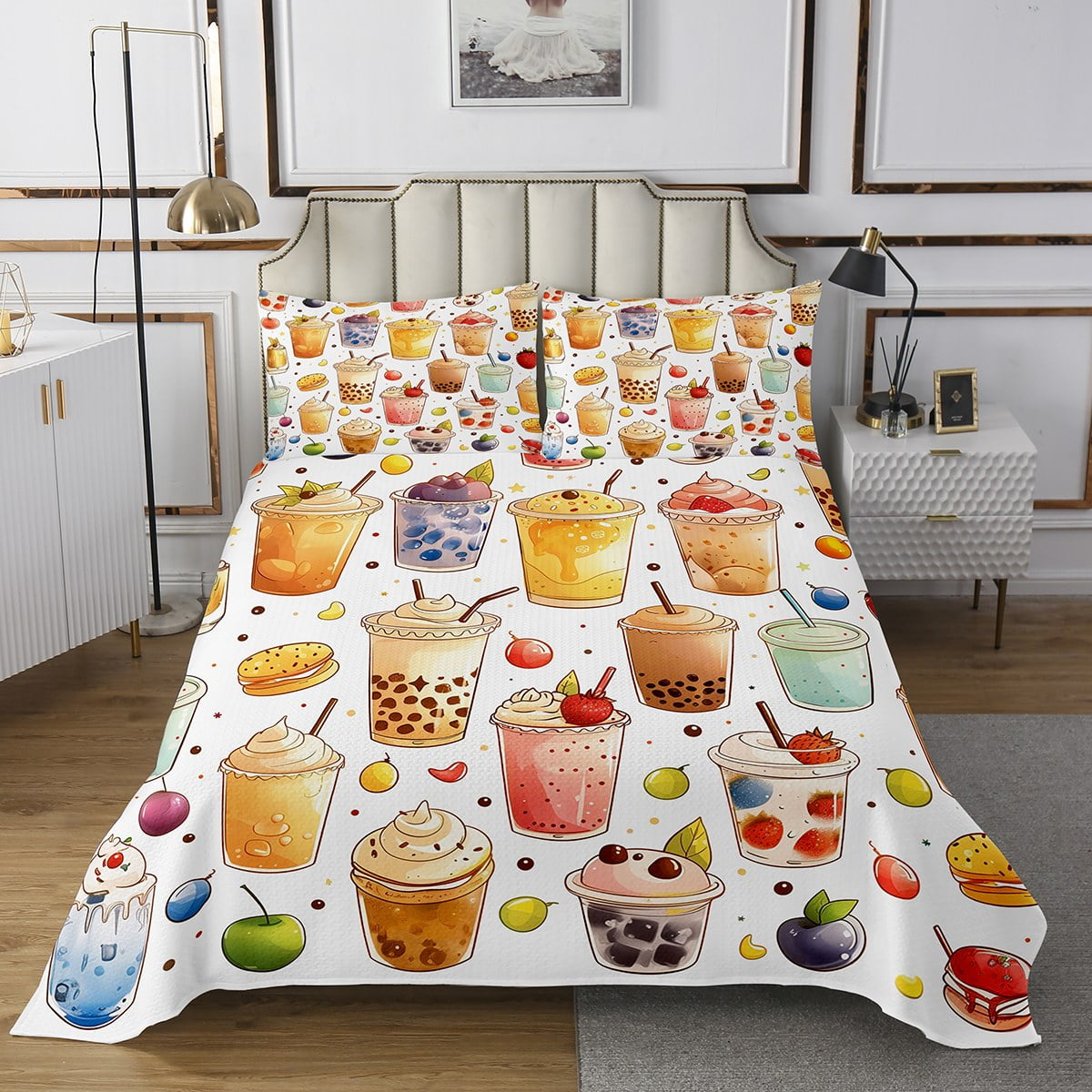 Erosebridal Cute Boba Tea Bedding Set King,Colorful Bubble Tea Quilt ...