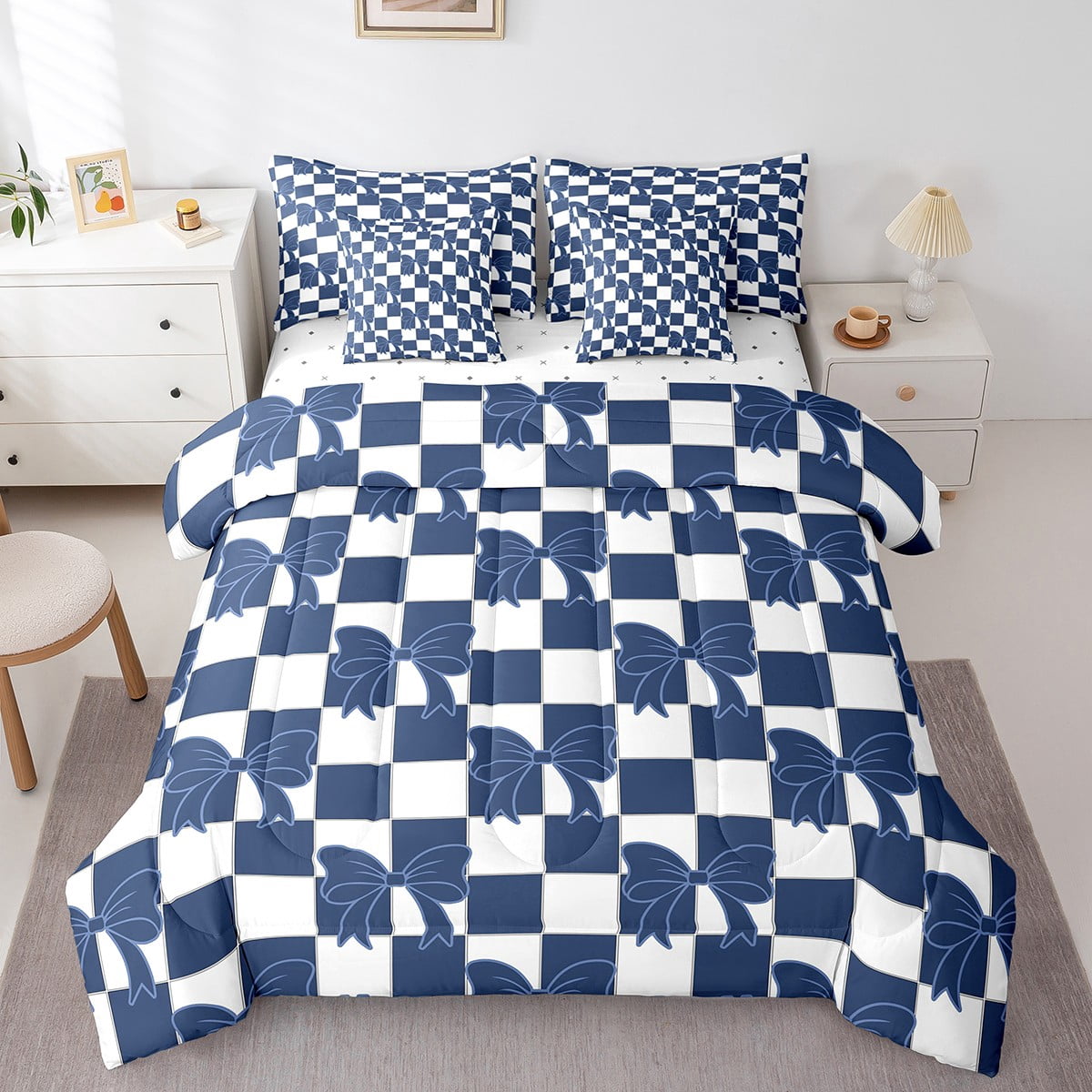 Erosebridal Cute Bowknot Bow Bedding Sets Twin Size, Navy Blue White ...
