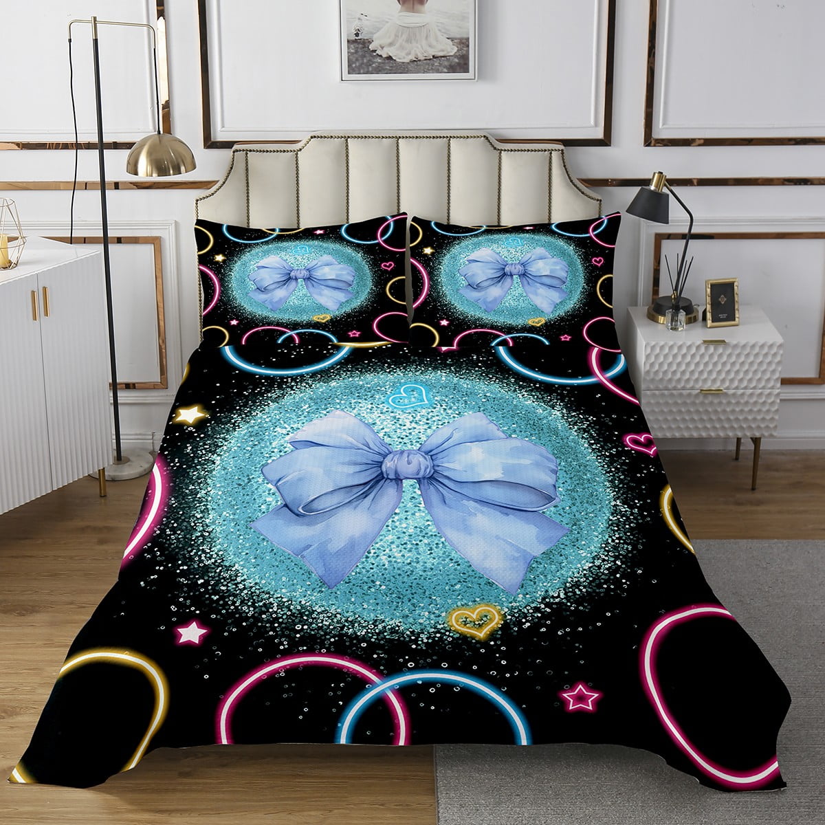 Erosebridal Cute Bowknot Coverlet Set Queen,Stars Circle Bedding Set ...