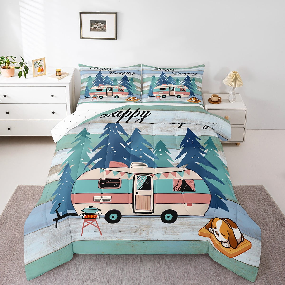 Erosebridal Cute Camper Car Bedding Comforter Set, Happy Camping Themed ...