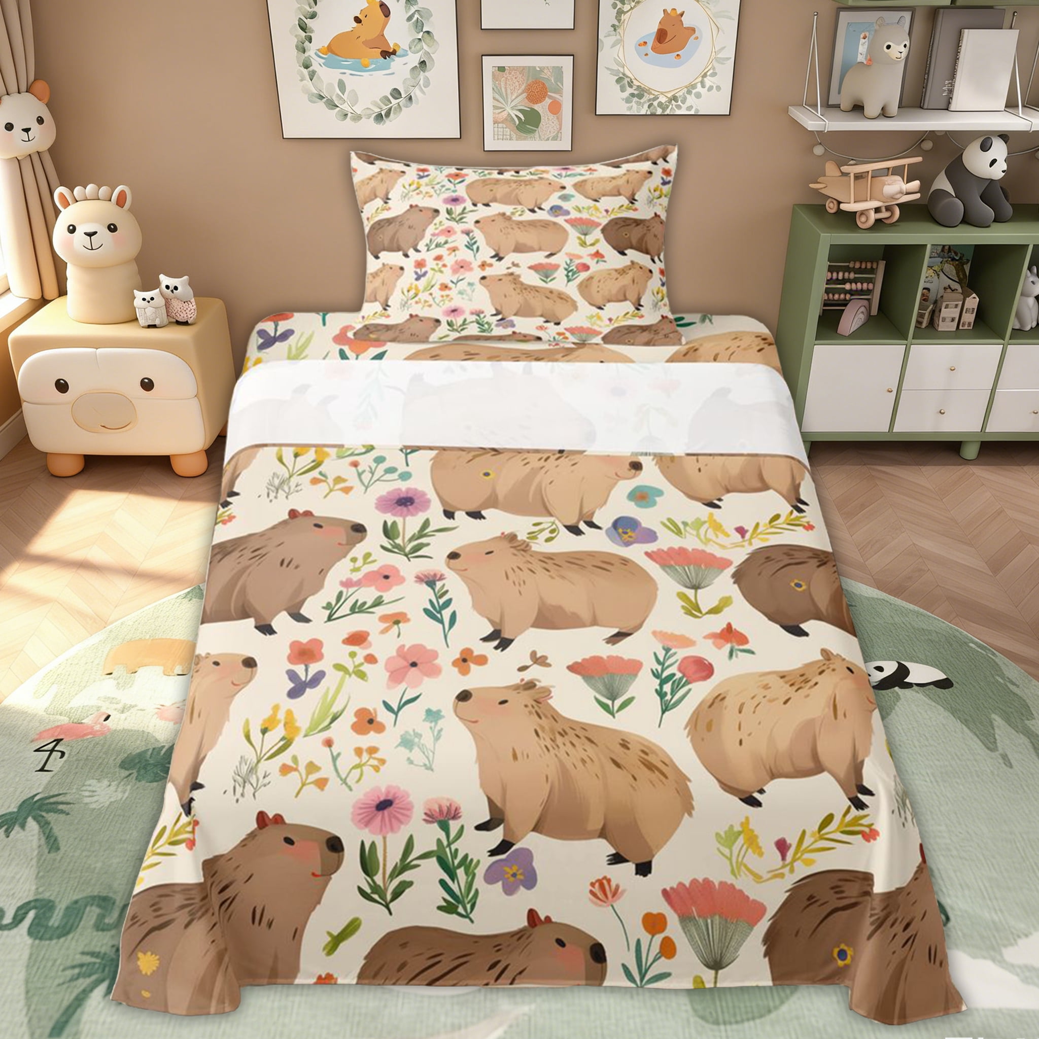 Erosebridal Cute Capybara Kids Twin Sheet Sets, Rustic Flower Bedding ...