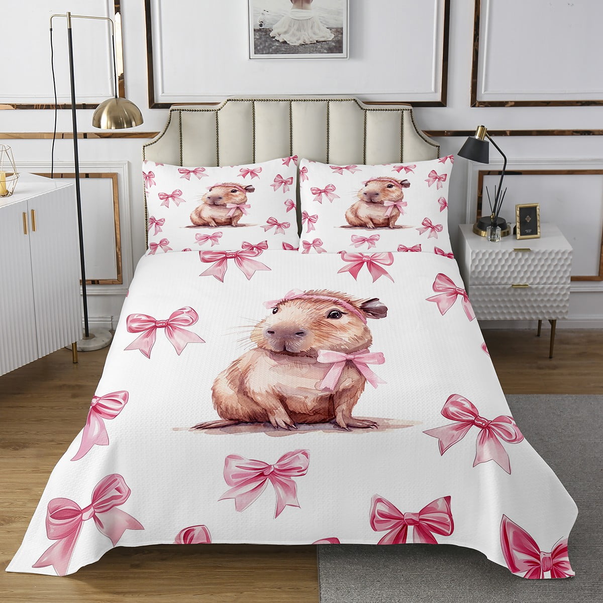 Erosebridal Cute Capybara Quilt Sets for Queen Size Bed, Pink Bed Set ...