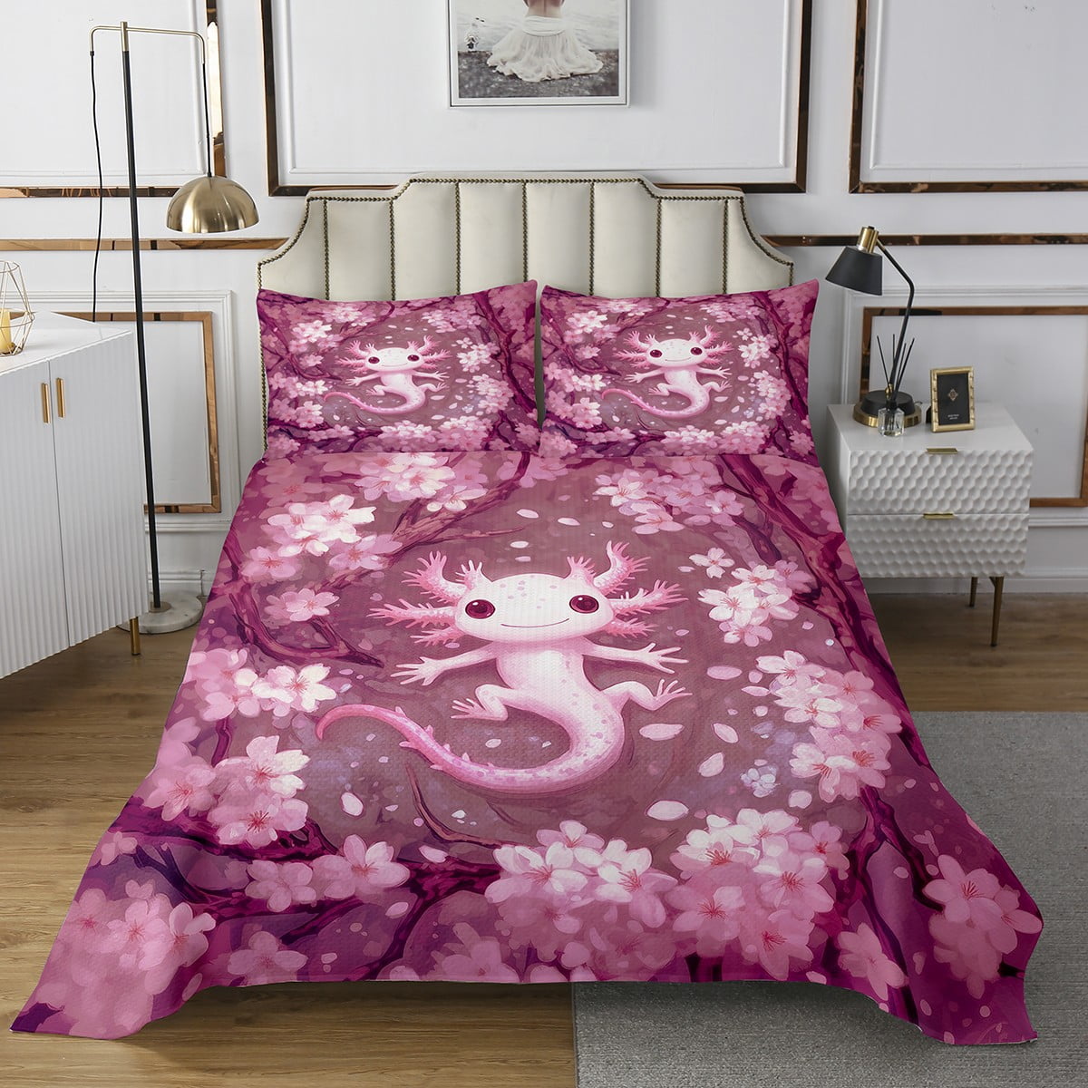 Erosebridal Cute Cartoon Axolotl Coverlet Set Pink Cherry Blossom Quilt ...