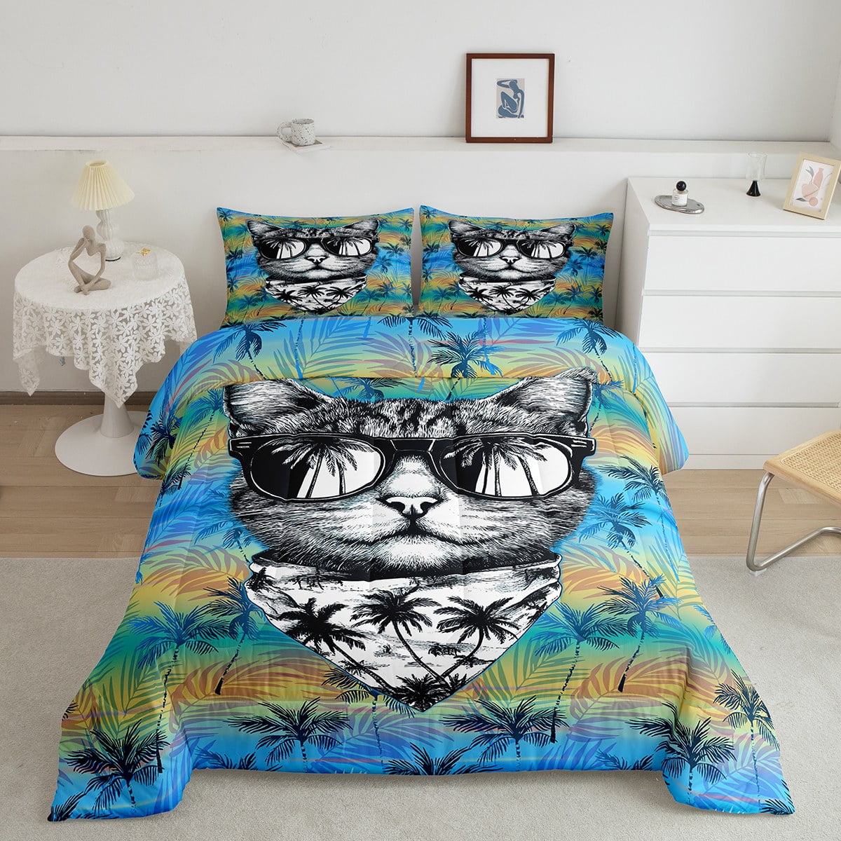 Erosebridal Cute Cat Bedding Queen Size Cartoon Cat Comforter Set,Grey ...