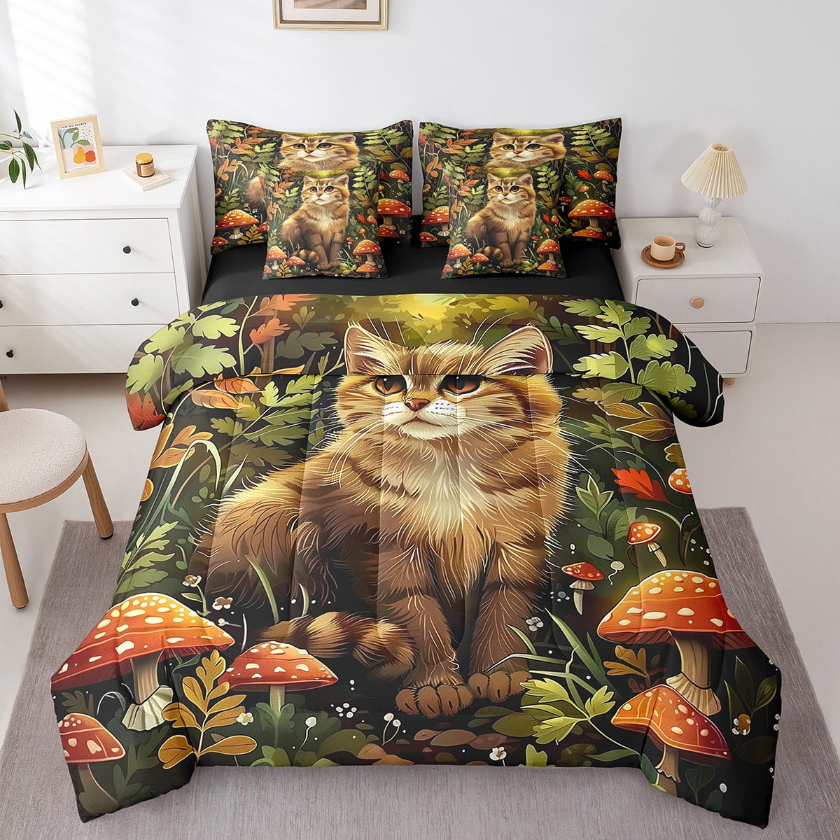 Erosebridal Cute Cat Bedding Sets Full Size, Jungle Mushroom Comforter ...