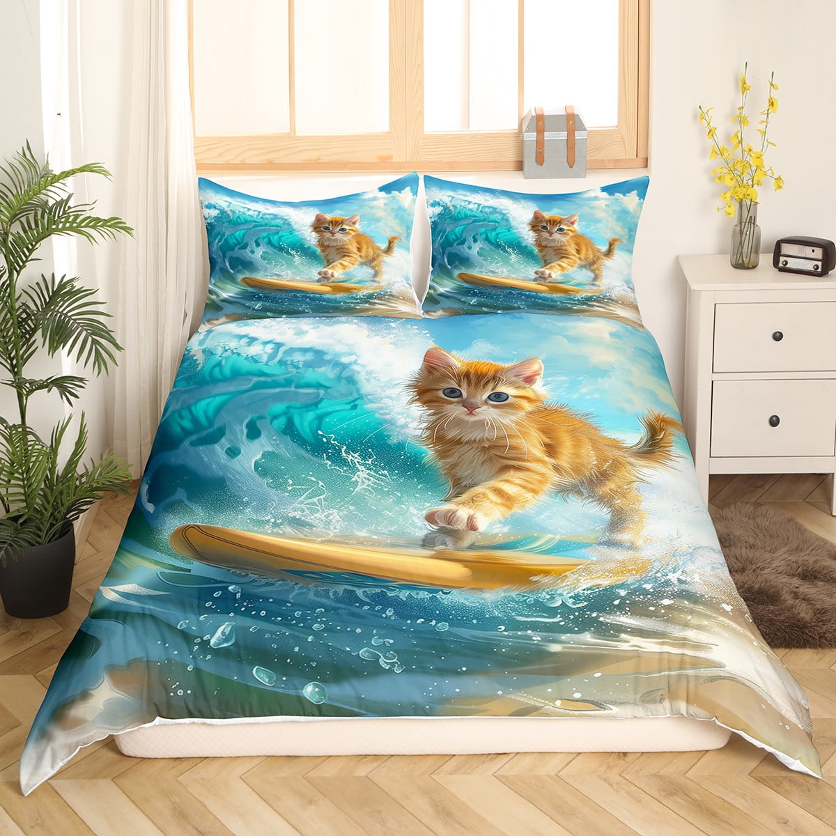 Erosebridal Cute Cat Comforter Cover Ocean Theme Bed Set,Tropical Beach ...