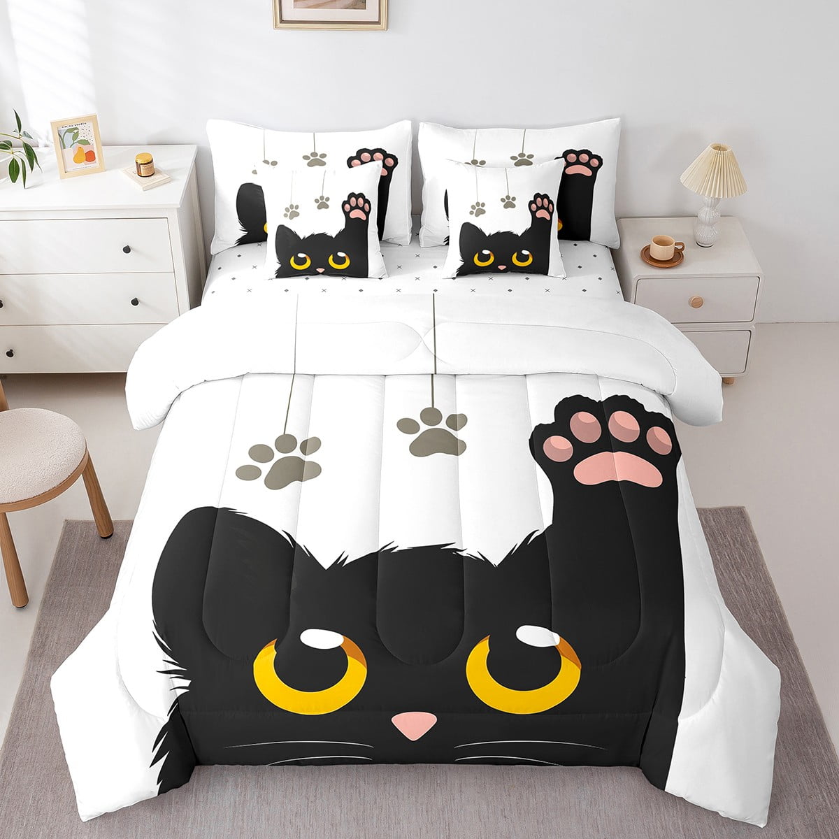 Erosebridal Cute Cat Comforter Set with Sheets Cartoon Cats Printed Bed ...