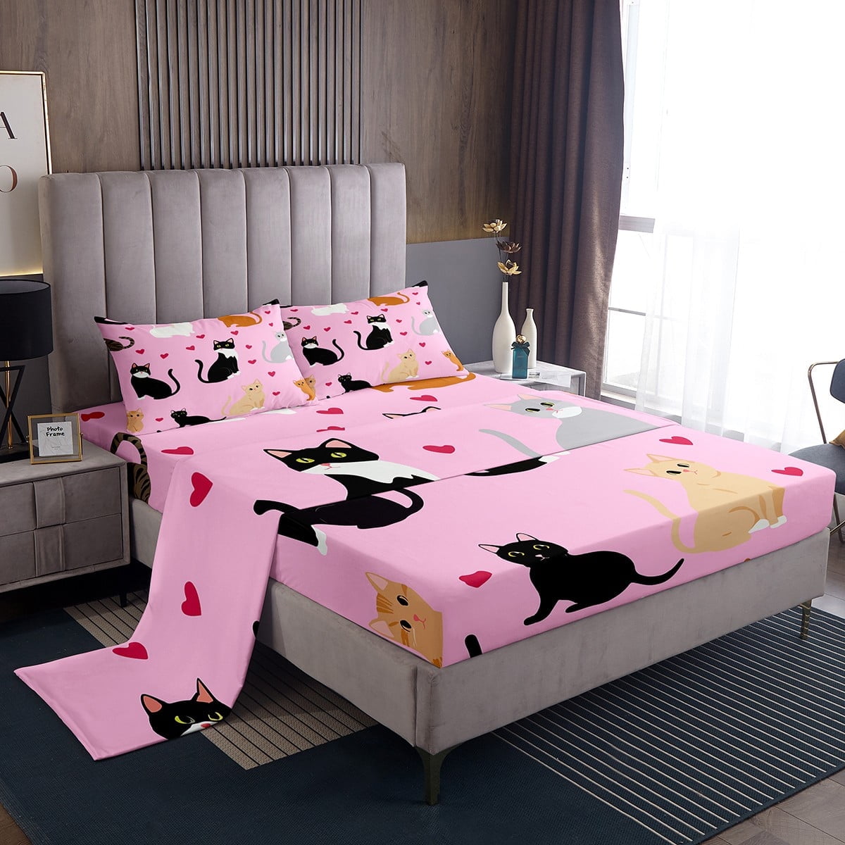 Erosebridal Cute Cat Sheet Set Twin Pink Heart Cartoon Pet Animal Theme ...