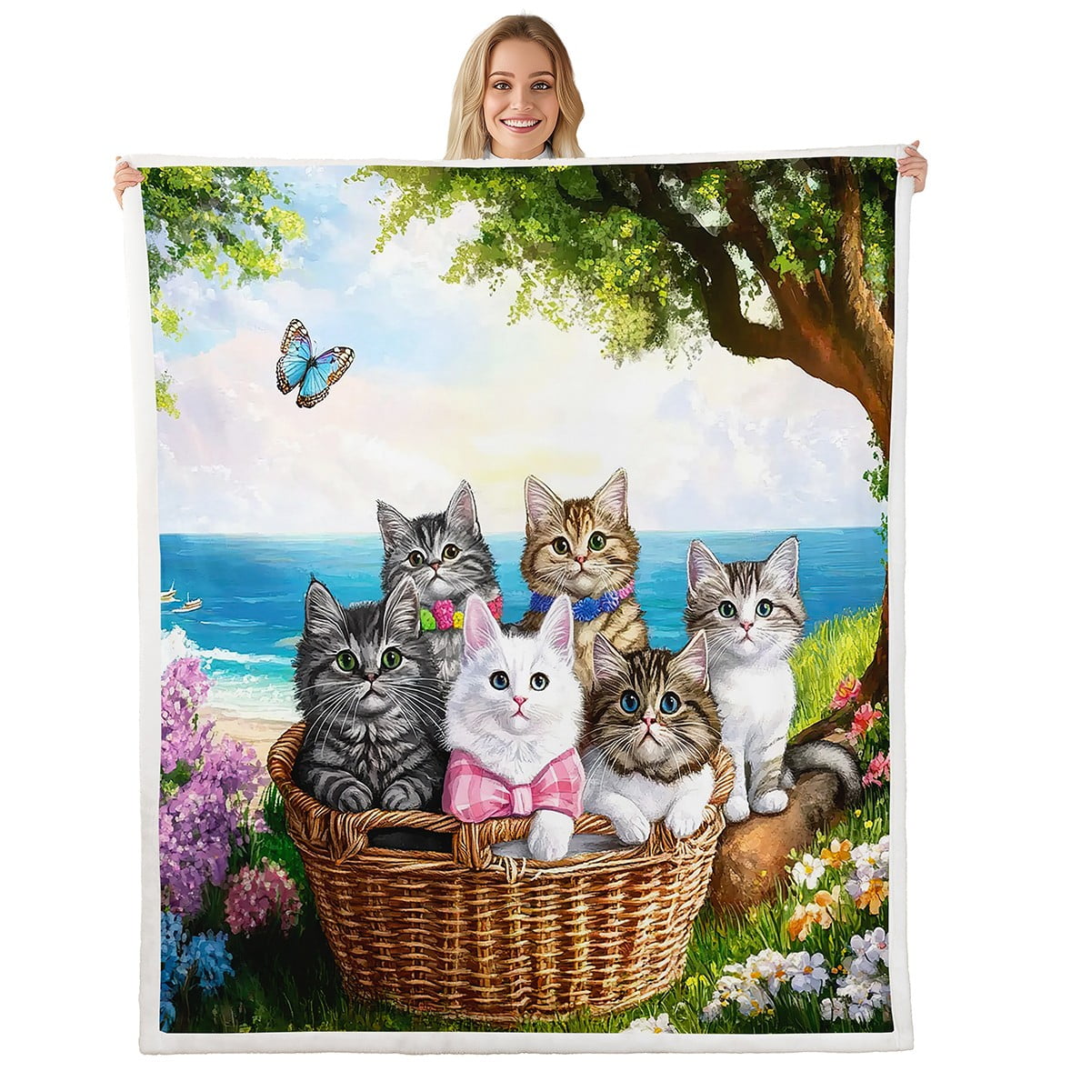 Erosebridal Cute Cats Flannel Fleece Throw Blanket Queen 90"x90" Kawaii ...