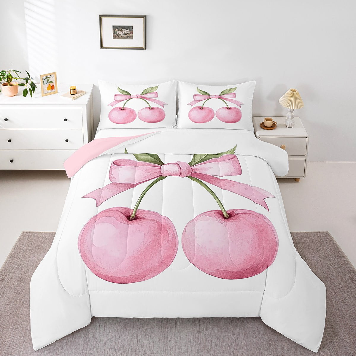 Erosebridal Cute Cherry Bedding Sets Full with Comforter,Pink Green ...