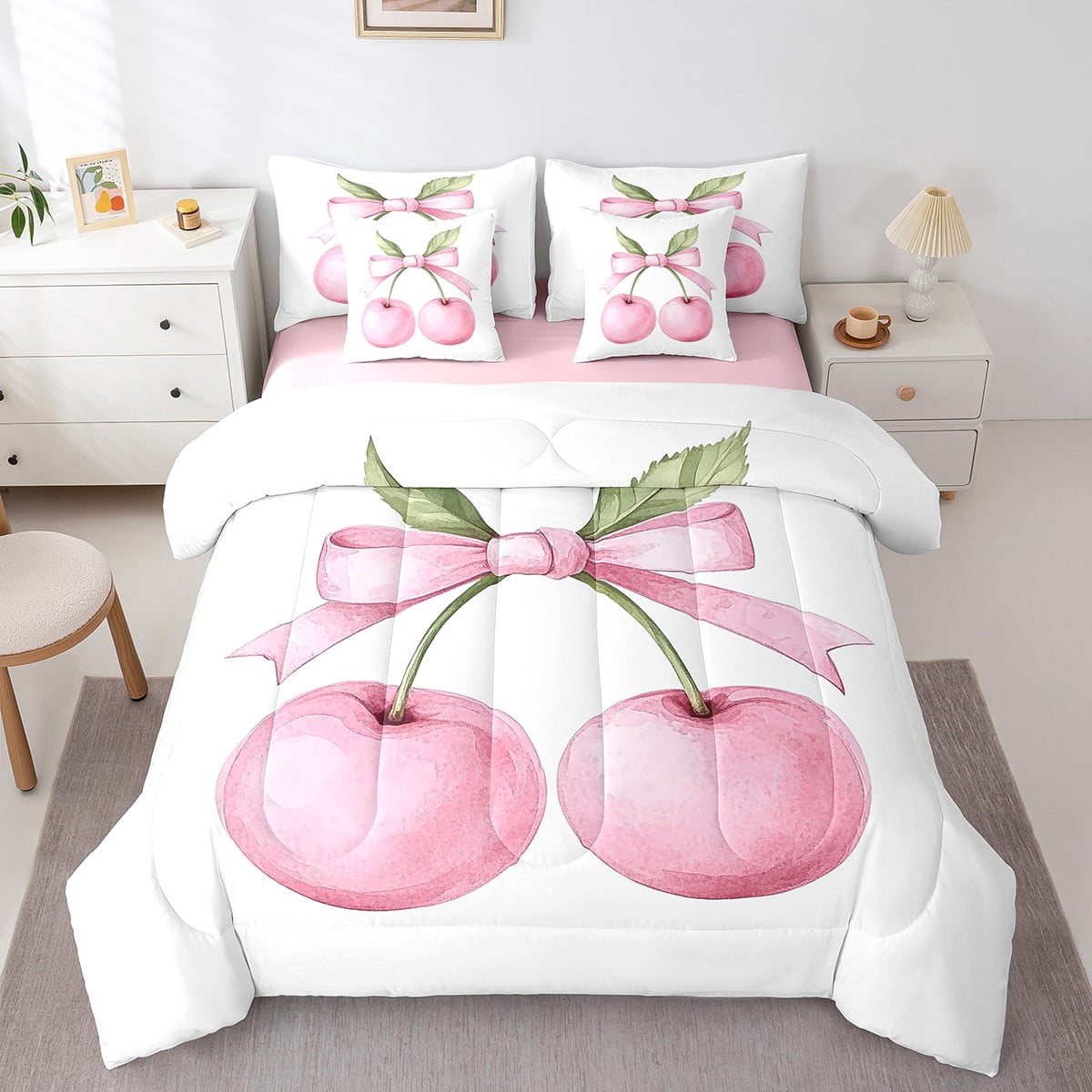Erosebridal Cute Cherry Bedding Sets Twin Size,Pink Green Comforter ...