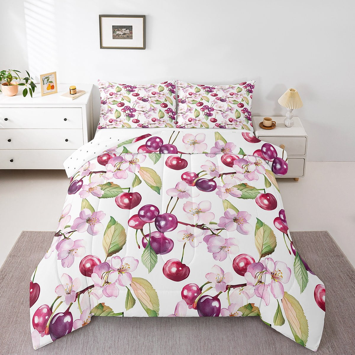 Erosebridal Cute Cherry Comforter Sets King Size, Watercolor Pink ...