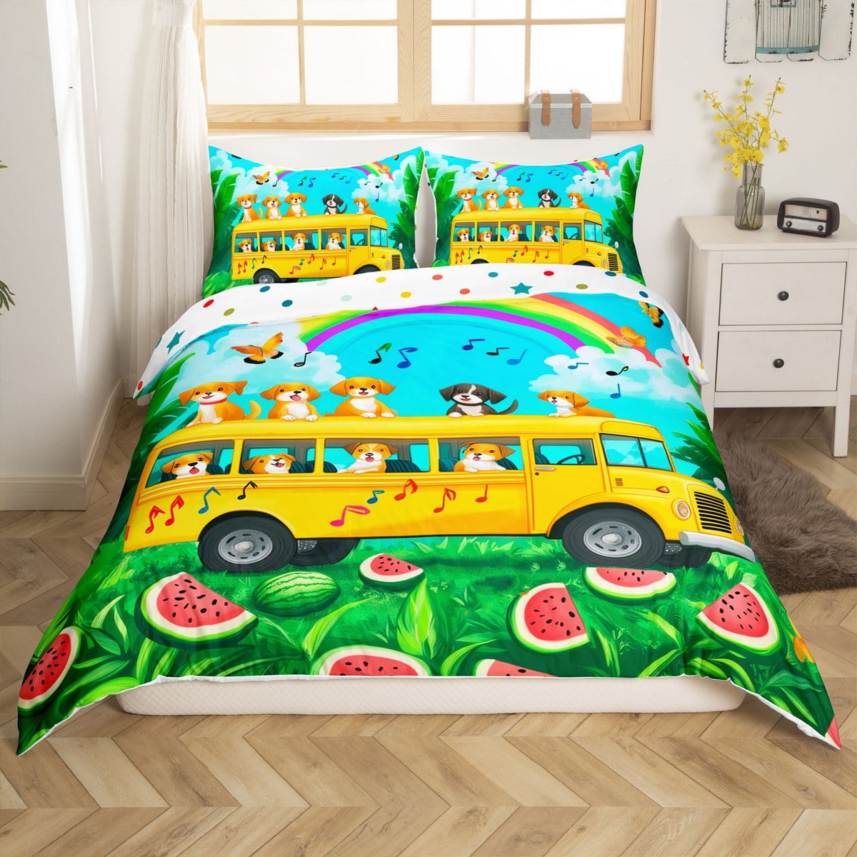 Erosebridal Cute Dog Bus Duvet Cover King, Kawaii Music Notes Rainbow ...