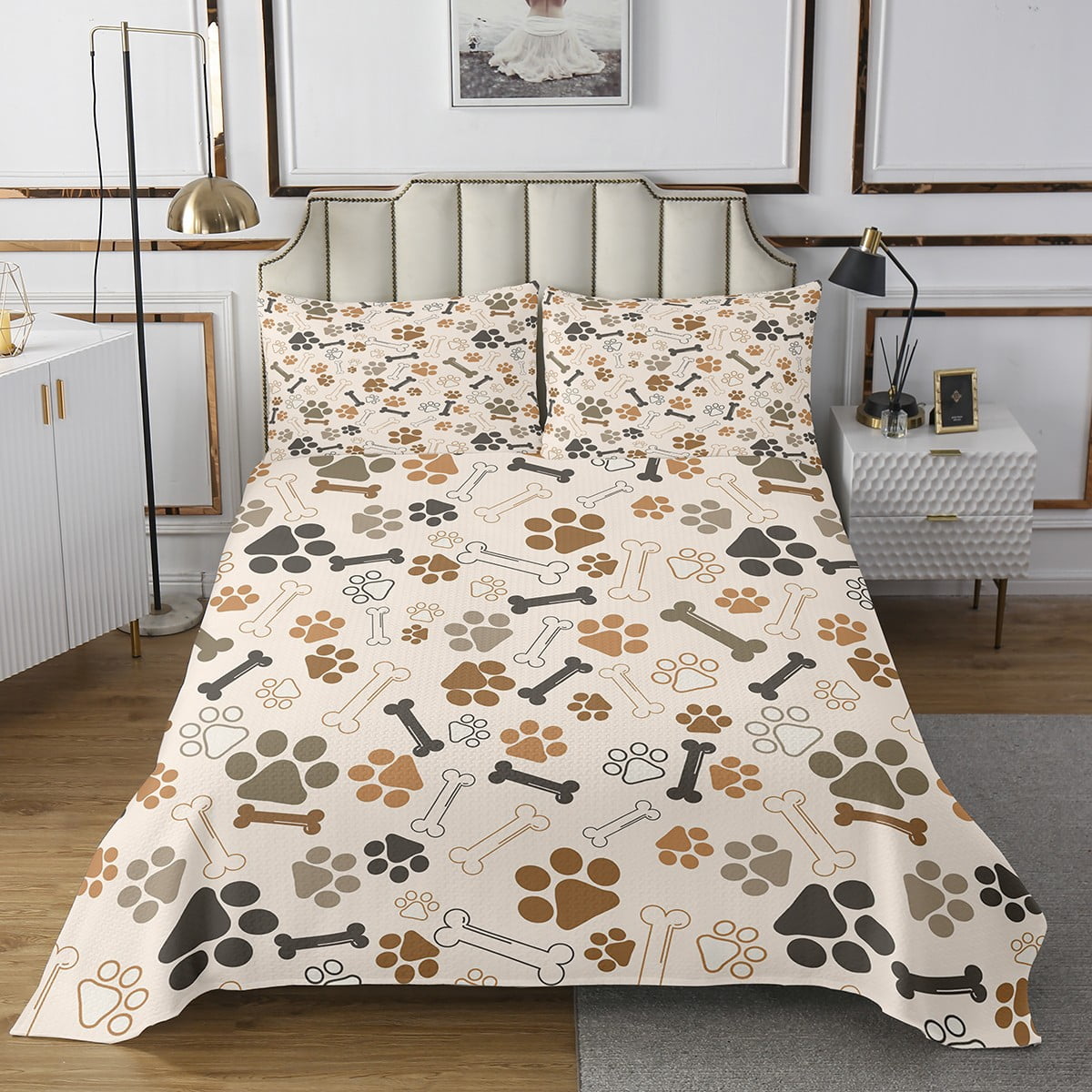Erosebridal Cute Dog Paws Coverlet Set Queen, Kawaii Bones Print ...