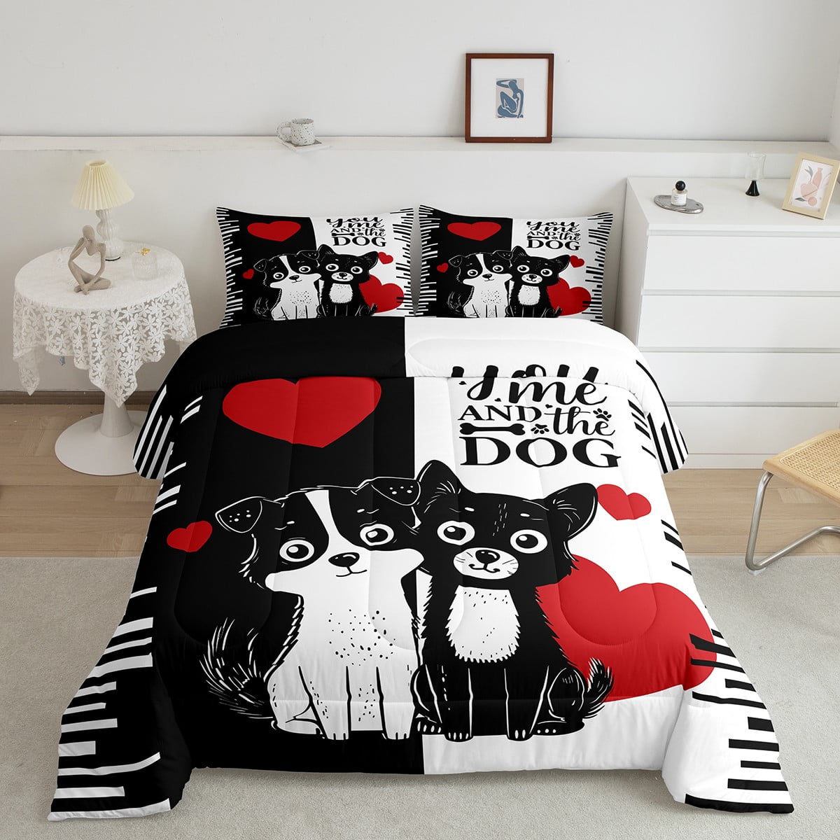 Erosebridal Cute Dog Print Bedding King Comforter Set, Romantic Heart ...