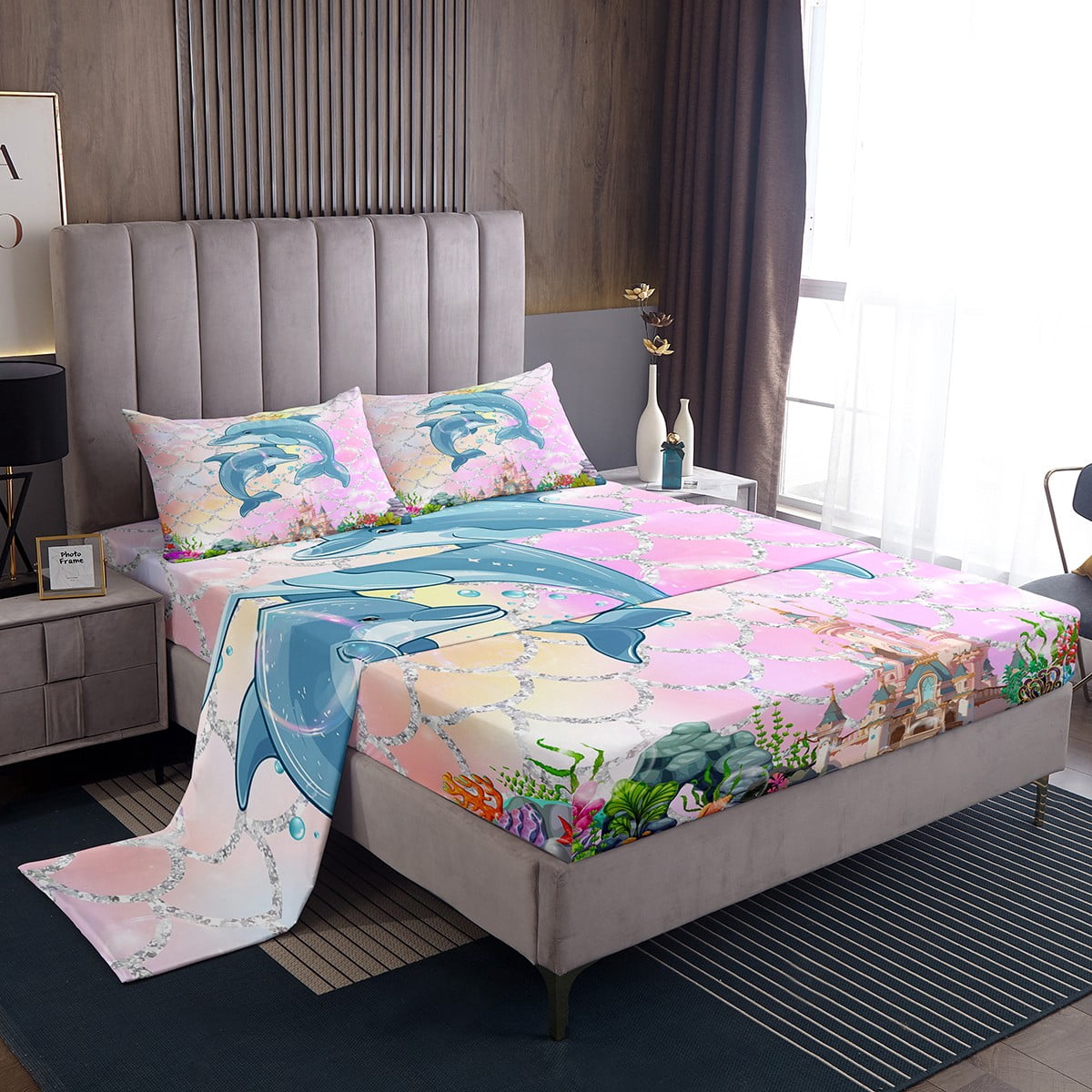 Erosebridal Cute Dolphin Queen Bed Sheets Set,Pink Mermaid Tail Scale ...