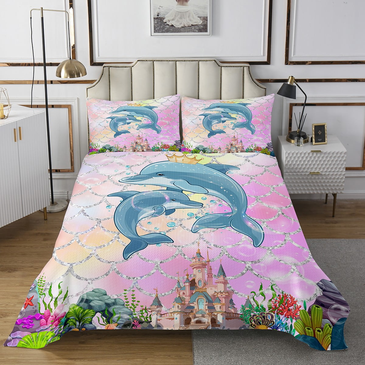 Erosebridal Cute Dolphin Queen Quilt Set,Pink Mermaid Tail Scale Kawaii ...