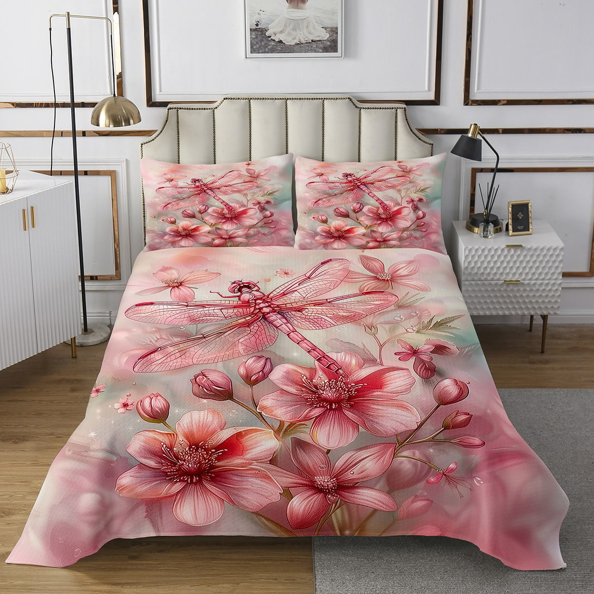 Erosebridal Cute Dragonfly Quilt Sets for Queen Size Bed, Gold Lotus ...