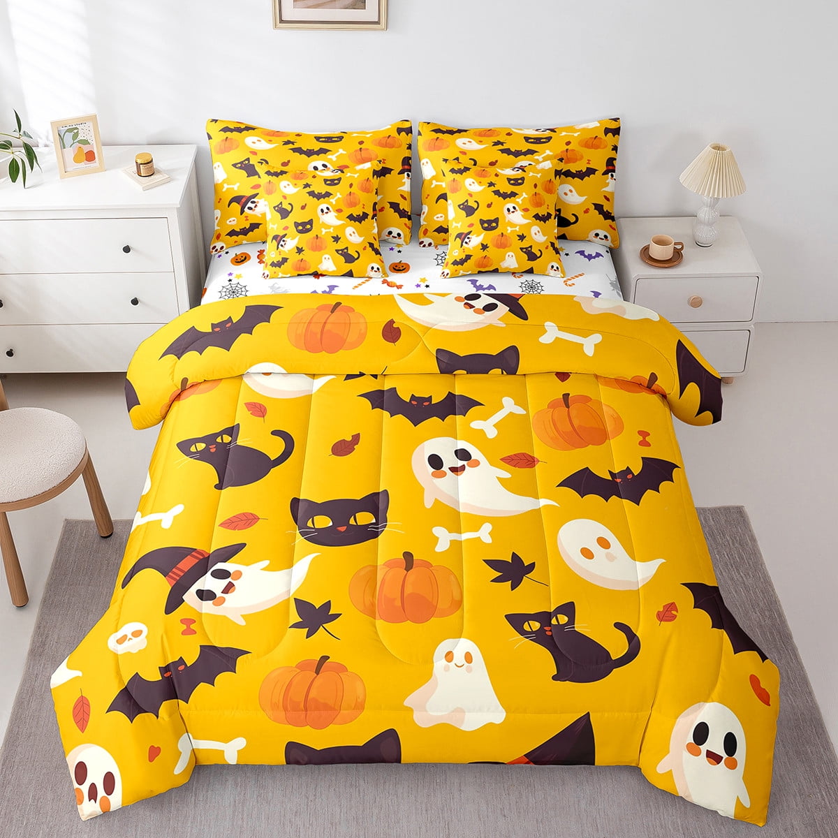 Erosebridal Cute Ghost Bedding King Size,Spooky Bats Cat Comforter Sets ...