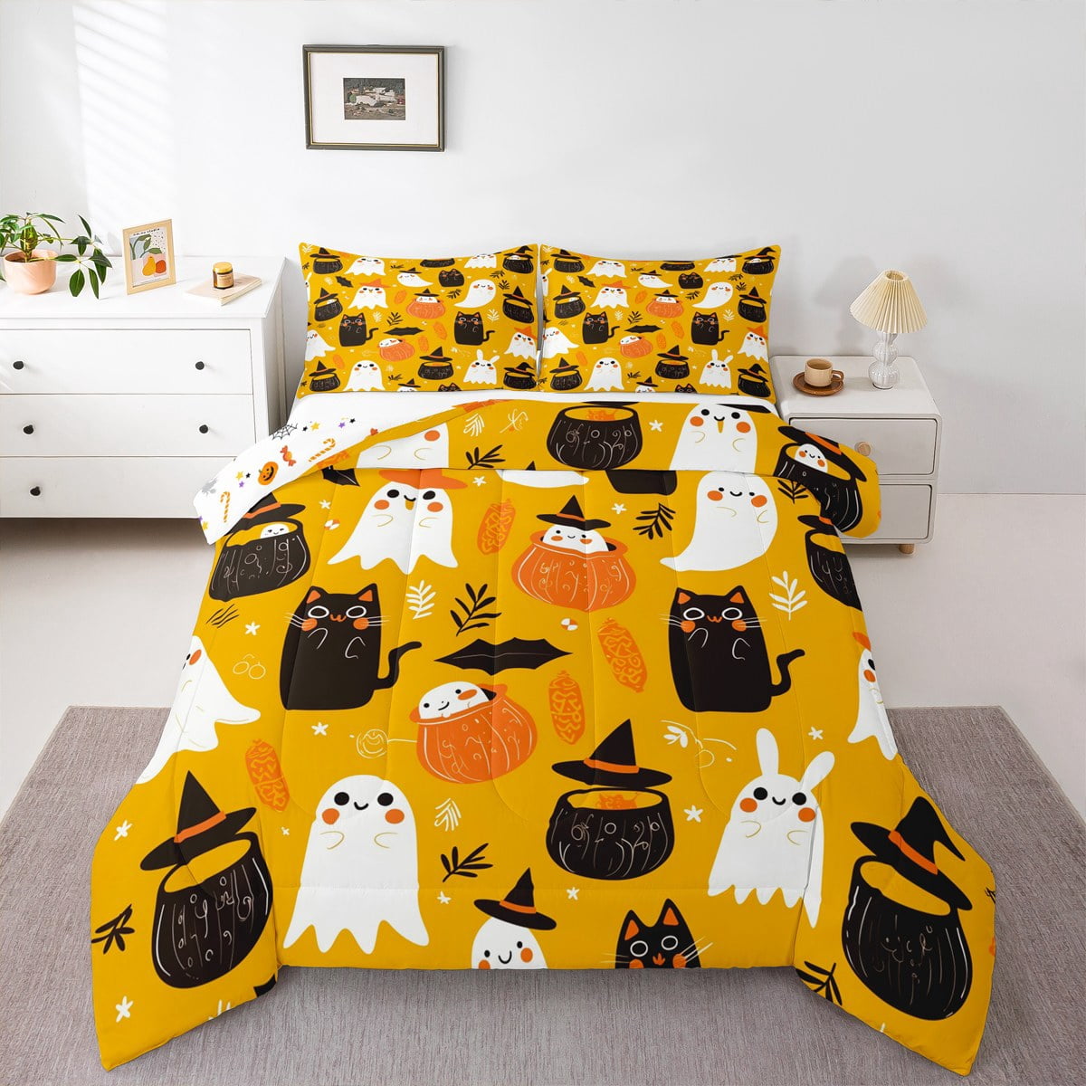 Erosebridal Cute Ghost Cat Comforter Sets Queen Size,Orange Pumpkin ...