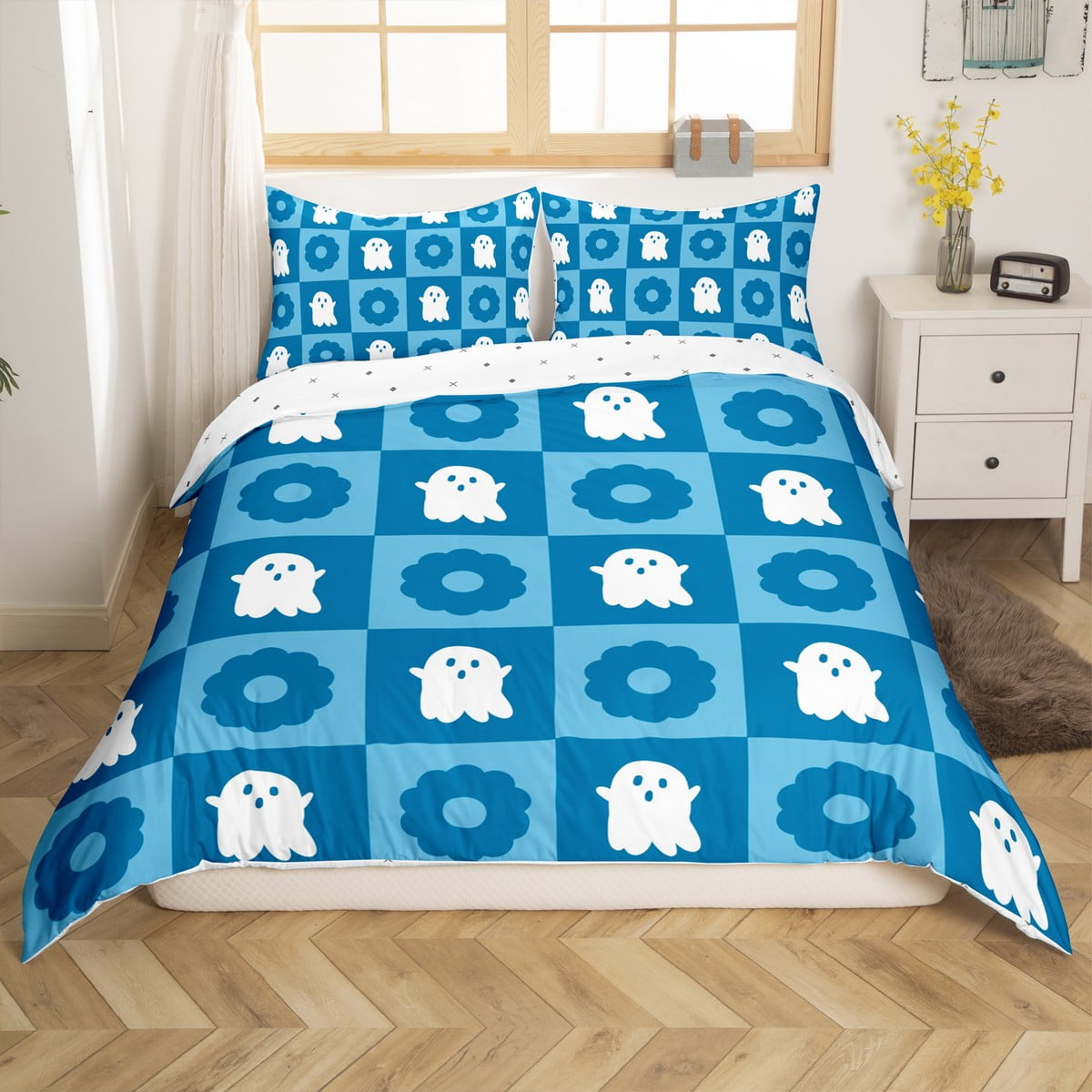 Erosebridal Cute Ghost Duvet Cover King, Blue Floral Grid Bedding Sets ...
