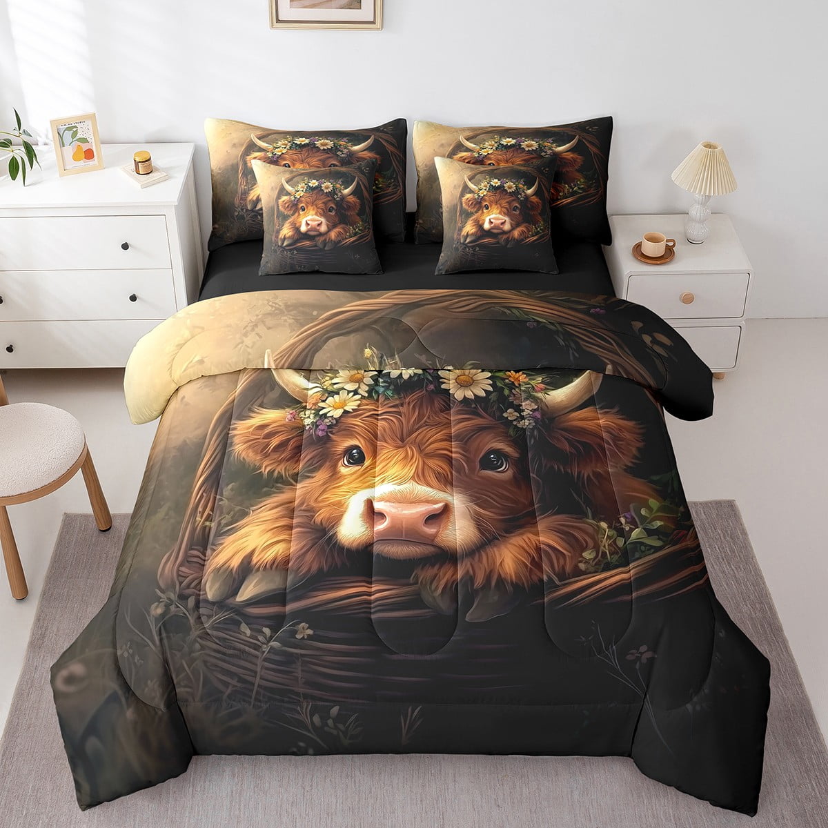 Erosebridal Cute Highland Cow Bed in a Bag King size,Farm Animal Bedding King Size,Floral Flower ...