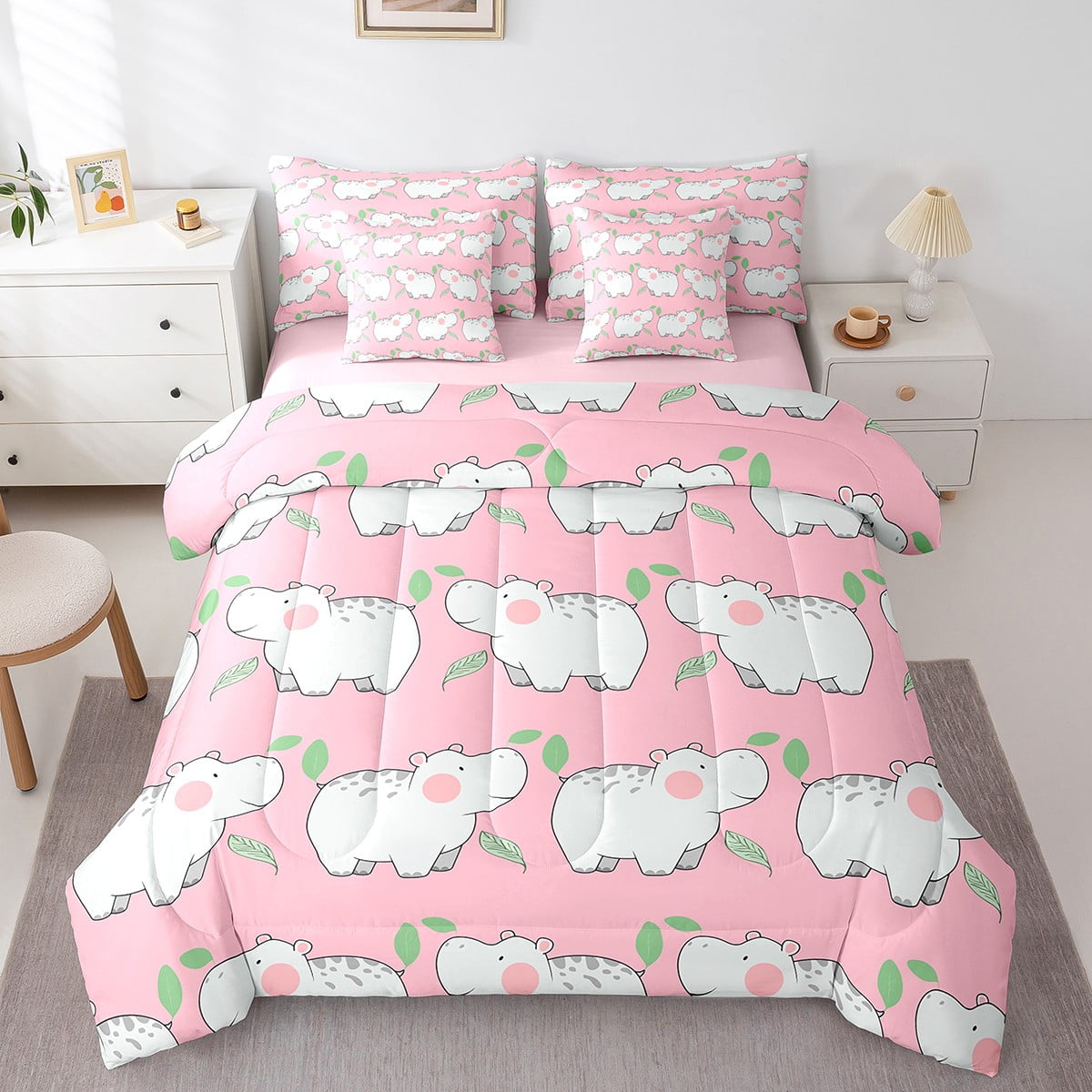 Erosebridal Cute Hippo Bed in a Bag Full size, Pink Cartoon Bedding ...