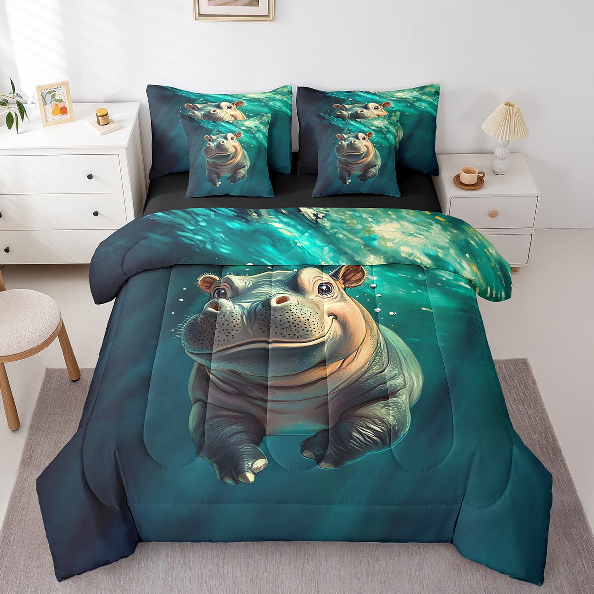 Erosebridal Cute Hippo Comforter Set Twin 7 Pcs Kawaii Ocean Animal ...
