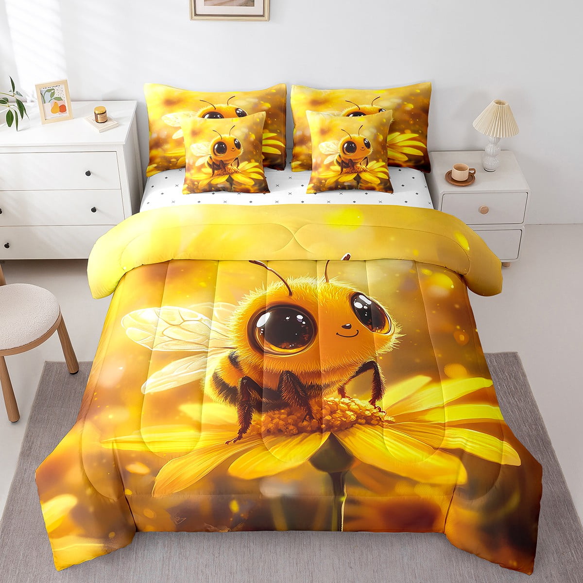 Erosebridal Cute Honey Bee Bedding Twin Size, Gold Floral Flower Bed in ...